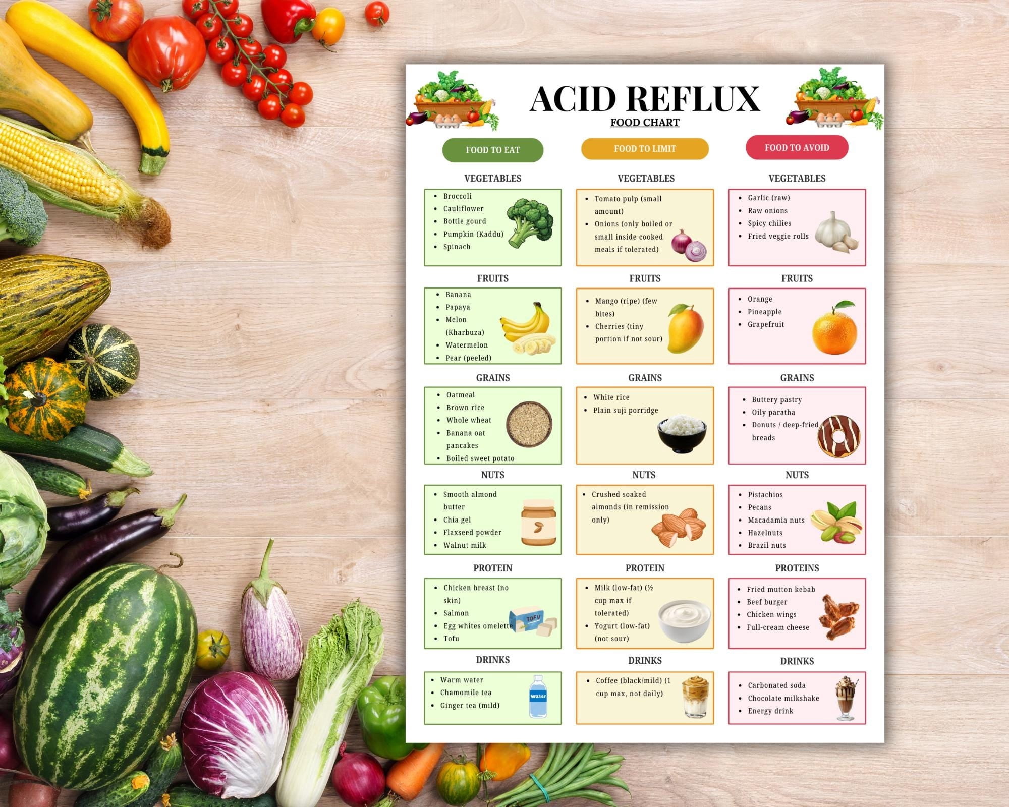 Acid Reflux Food Chart Poster, Low Acid Food List Poster, GERD Grocery ...