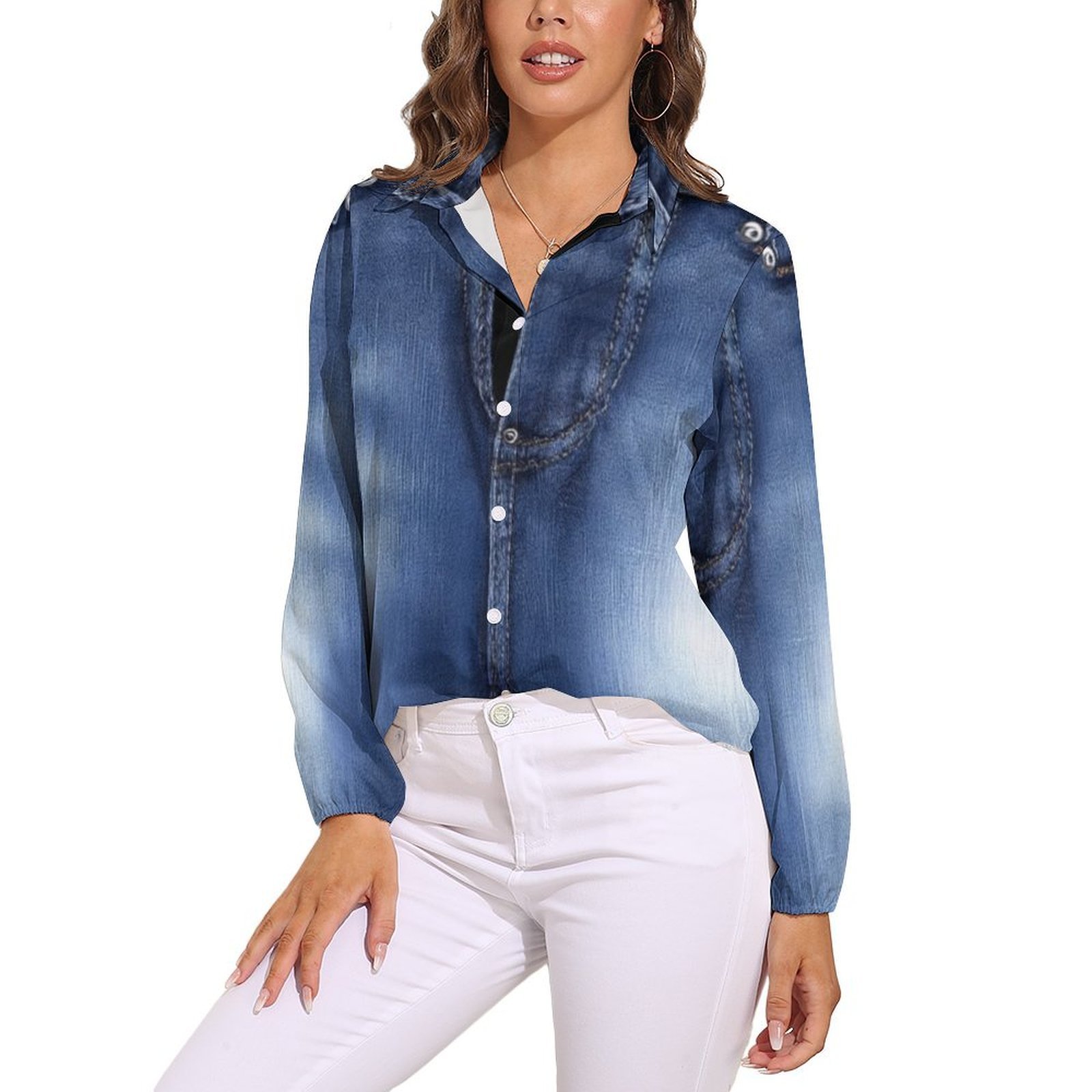 Acid Wash Style Blue Jeans-1 Long Sleeve Blouse Woman Streetwear Casual ...