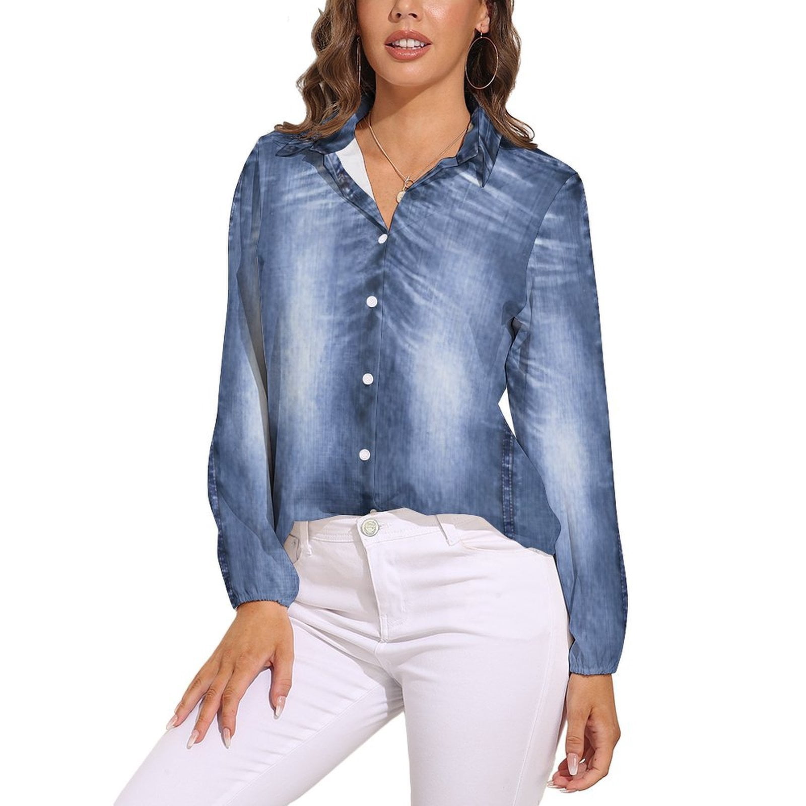 Acid Wash Style Blue Jeans Long Sleeve Blouse Woman Streetwear Casual ...