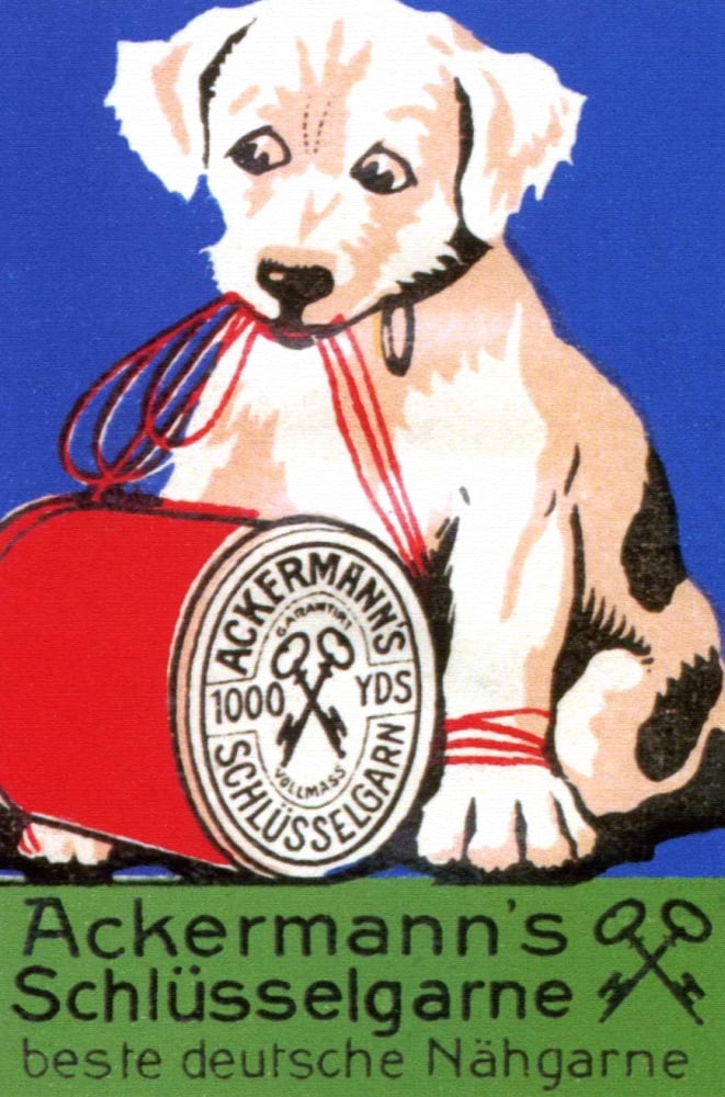 Ackermann Thread advertisement with a large spool and a puppy Poster ...