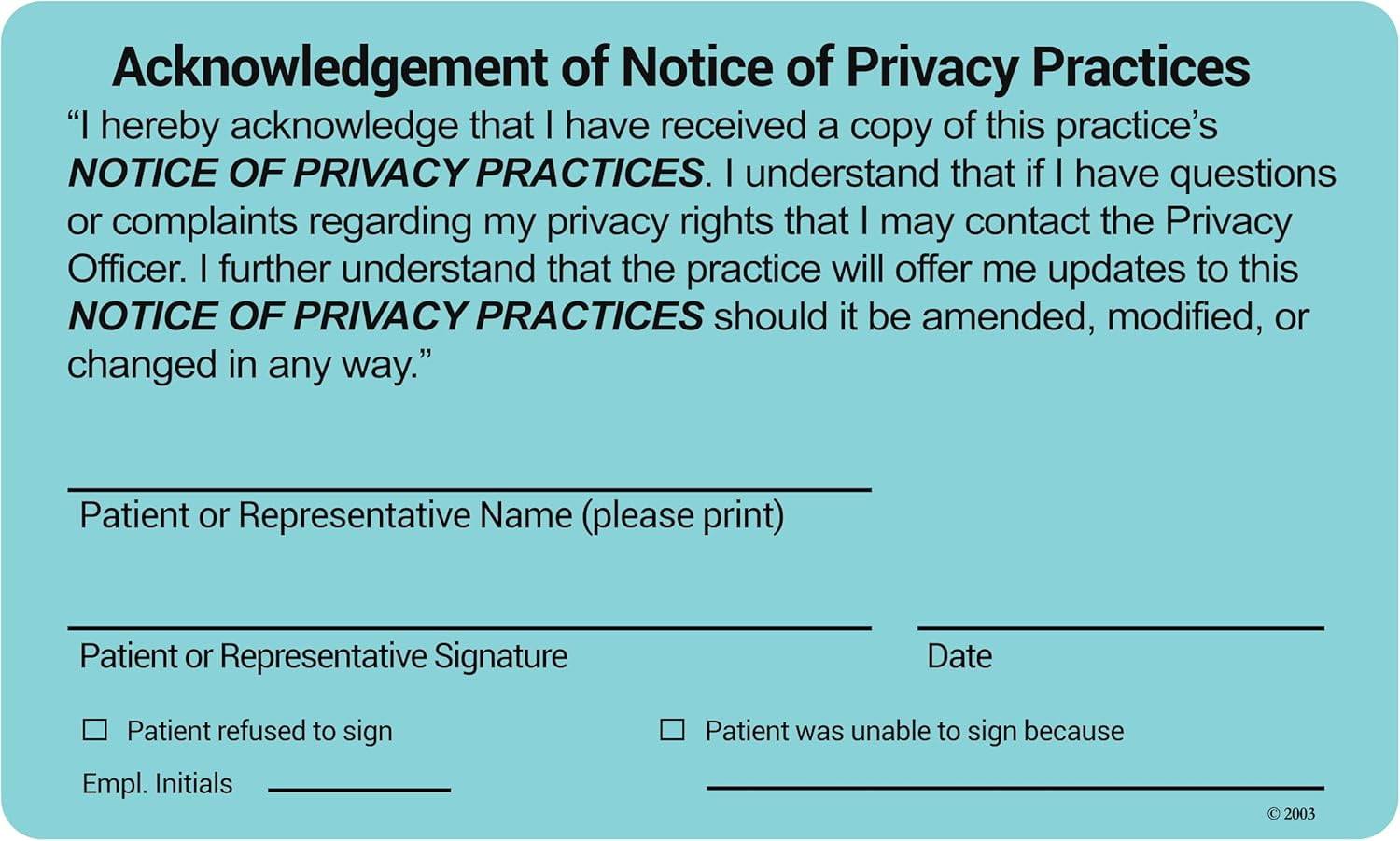 Acknowledgement of Notice of Privacy Practices Labels for HIPAA ...
