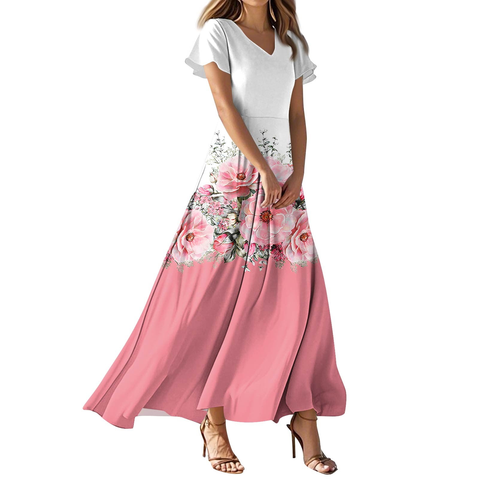 Ackssi Maxi Dresses for Women 2025 Ruffle Short Sleeve Flowy Swing ...