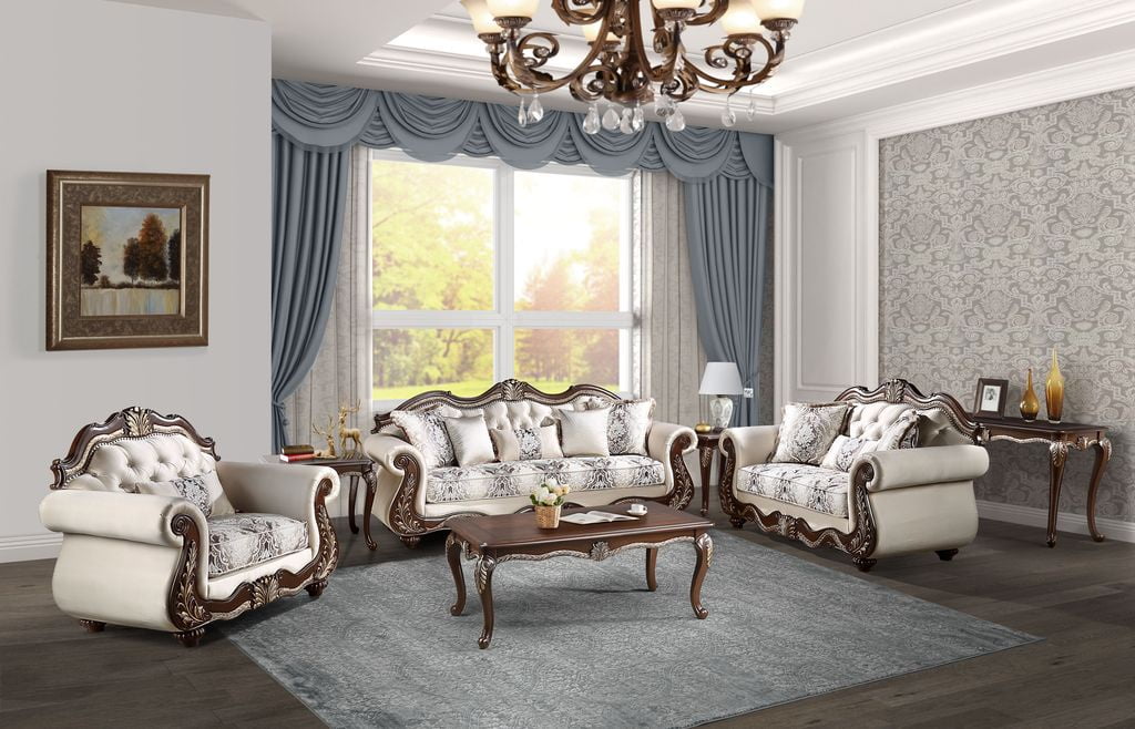 ACME Pierce Fabric Upholstered Tufted Sofa with 5 Pillows in Beige ...