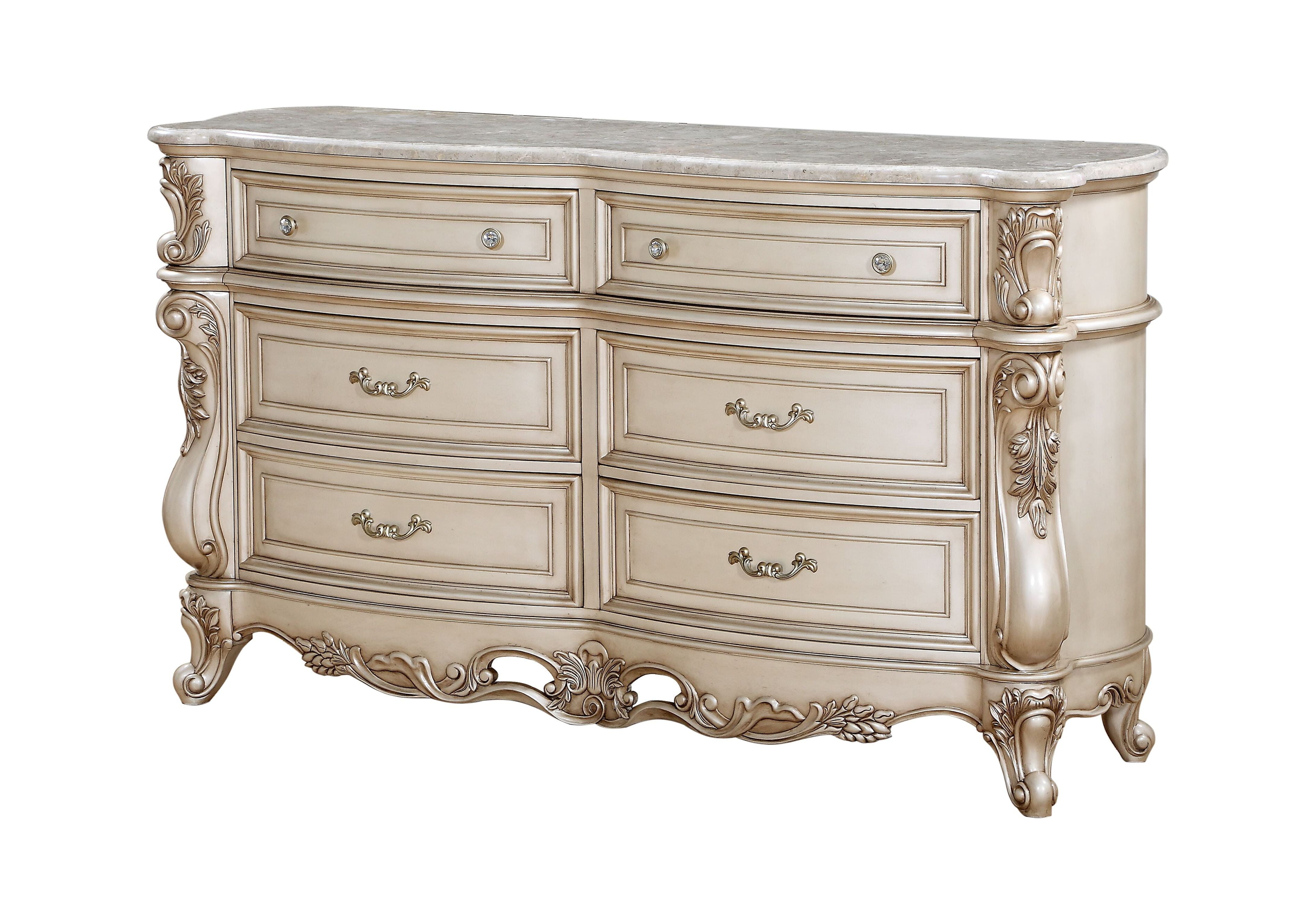 Acme Gorsedd Antique Wooden Dresser with Marble Top in Golden Ivory ...