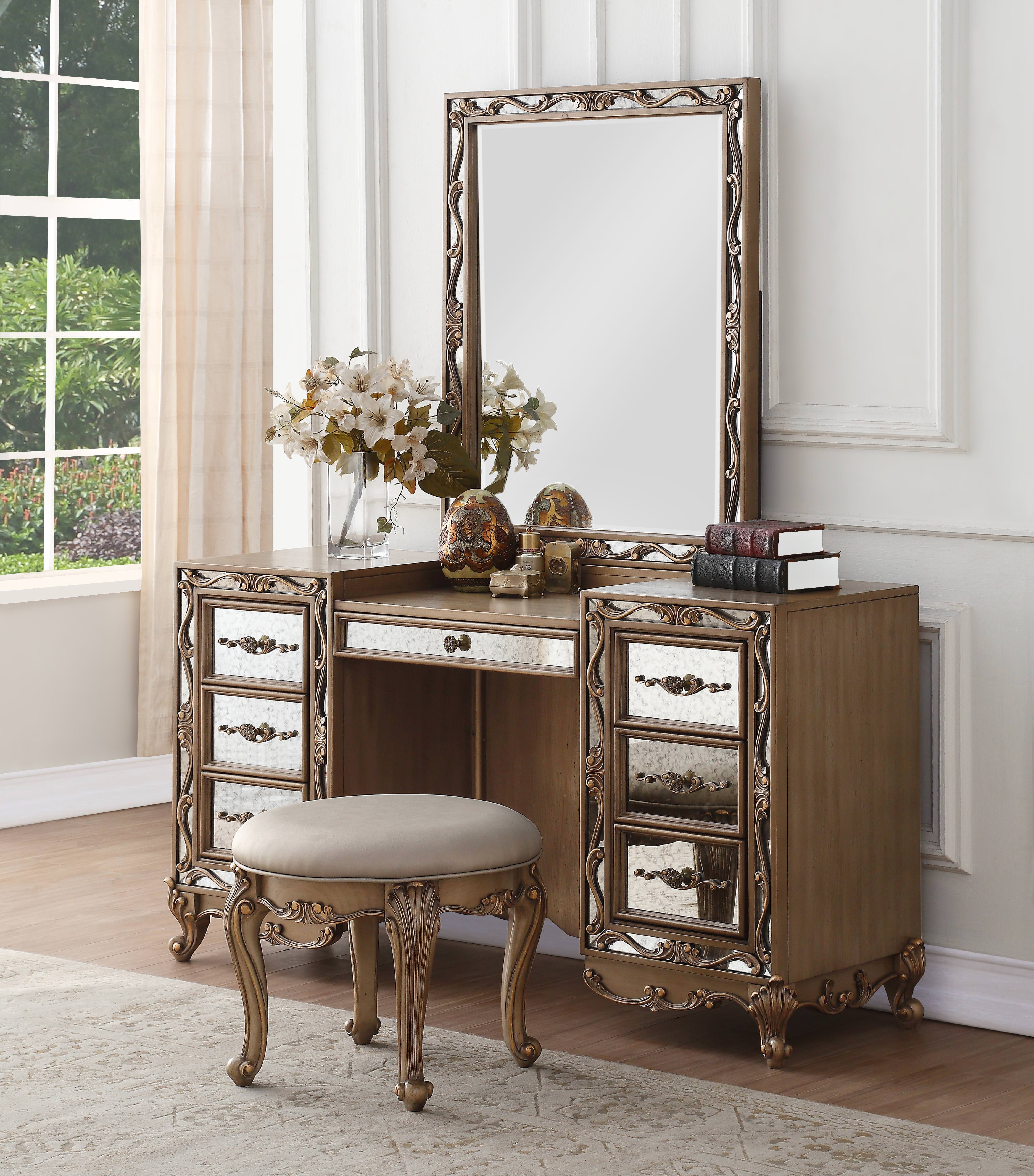 Acme Orianne Vanity Desk with 7 Drawers in Antique Gold - Walmart.com