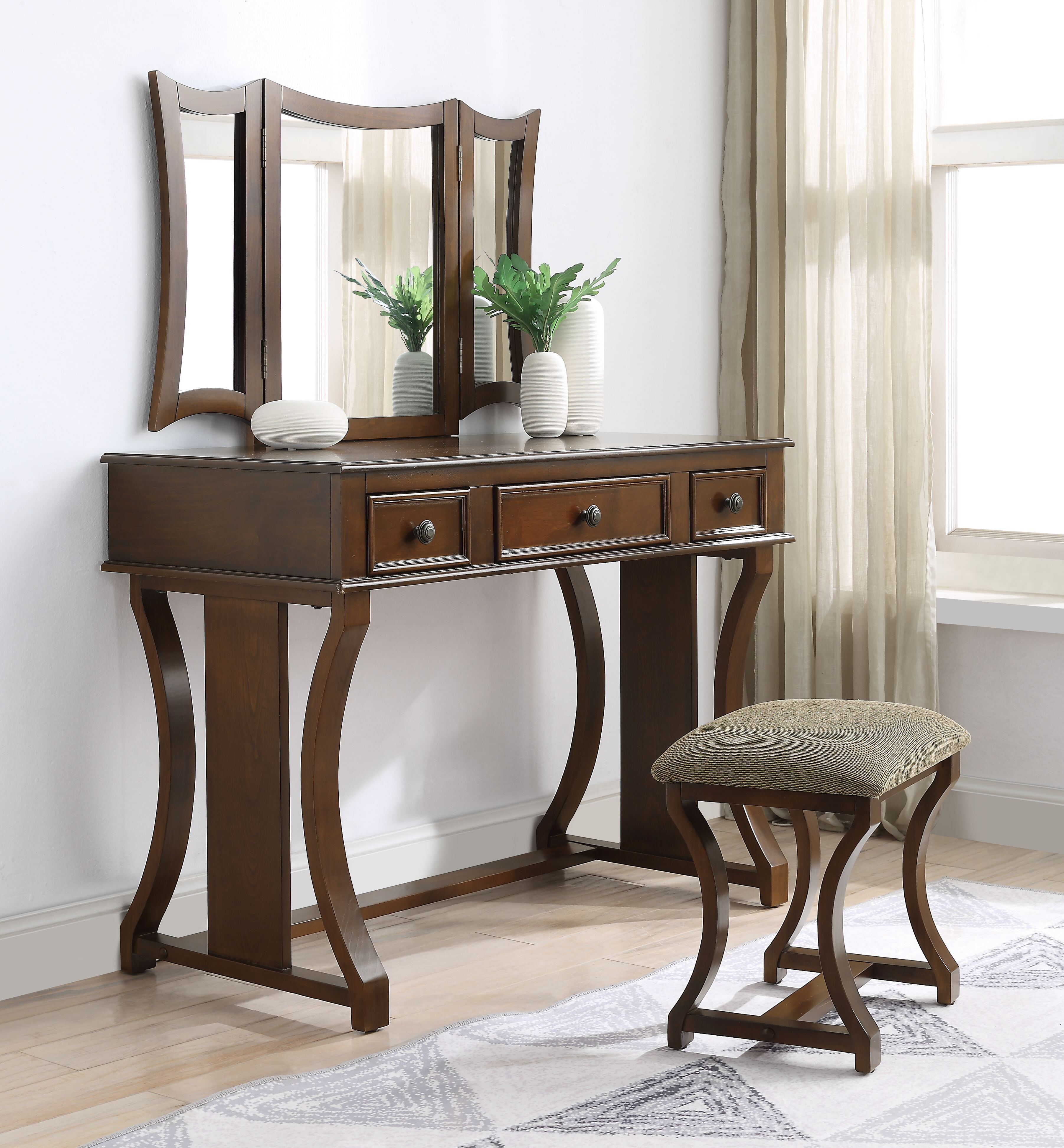 Acme Vanity Set With Taupe Fabric And Cherry 90355 - Walmart.com