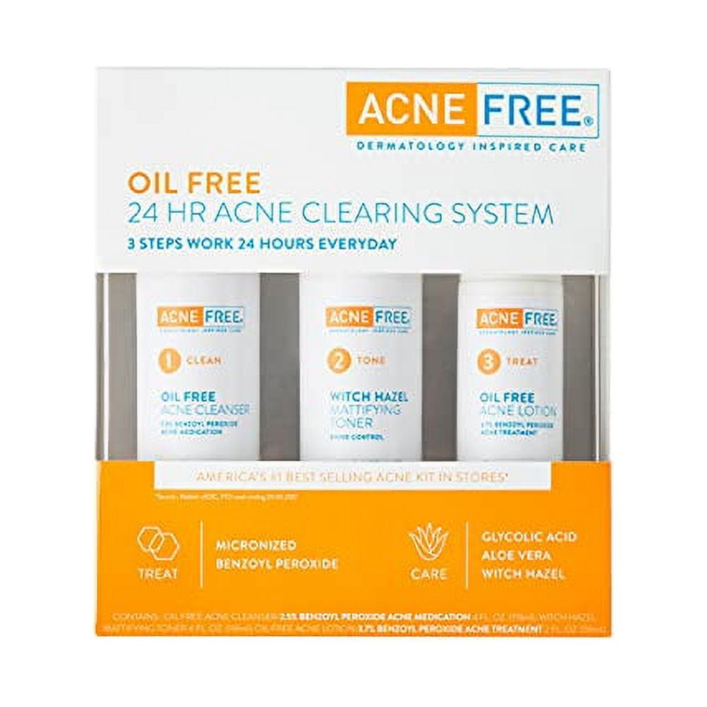 Acne Free 3 Step 24 Hour Acne Treatment Kit - Clearing System w Oil ...