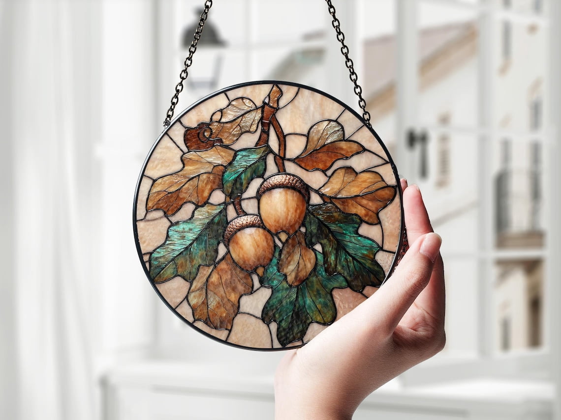 Acorn Glass Suncatcher, Oak Leaf Window Hanging Decor, 3.5 in - Walmart.com