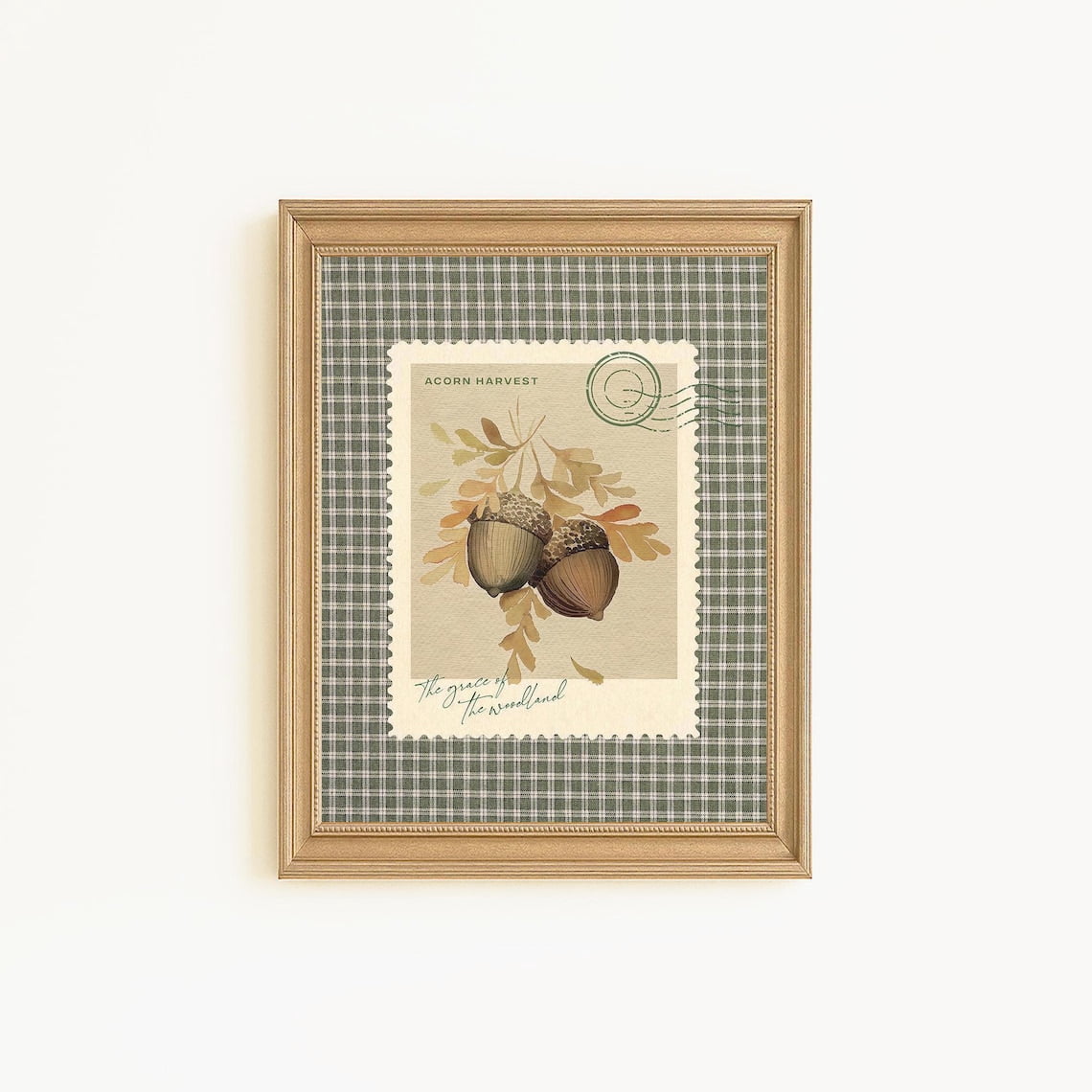 Acorn Stamp Green Gingham Print, Country Cottage Woodland Fall Harvest ...