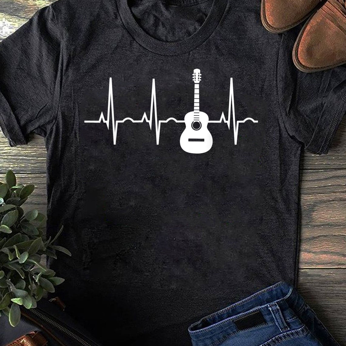 Acoustic Guitar Heartbeat Shirt - Guitar Musician T-Shirt- Funny Guitar ...