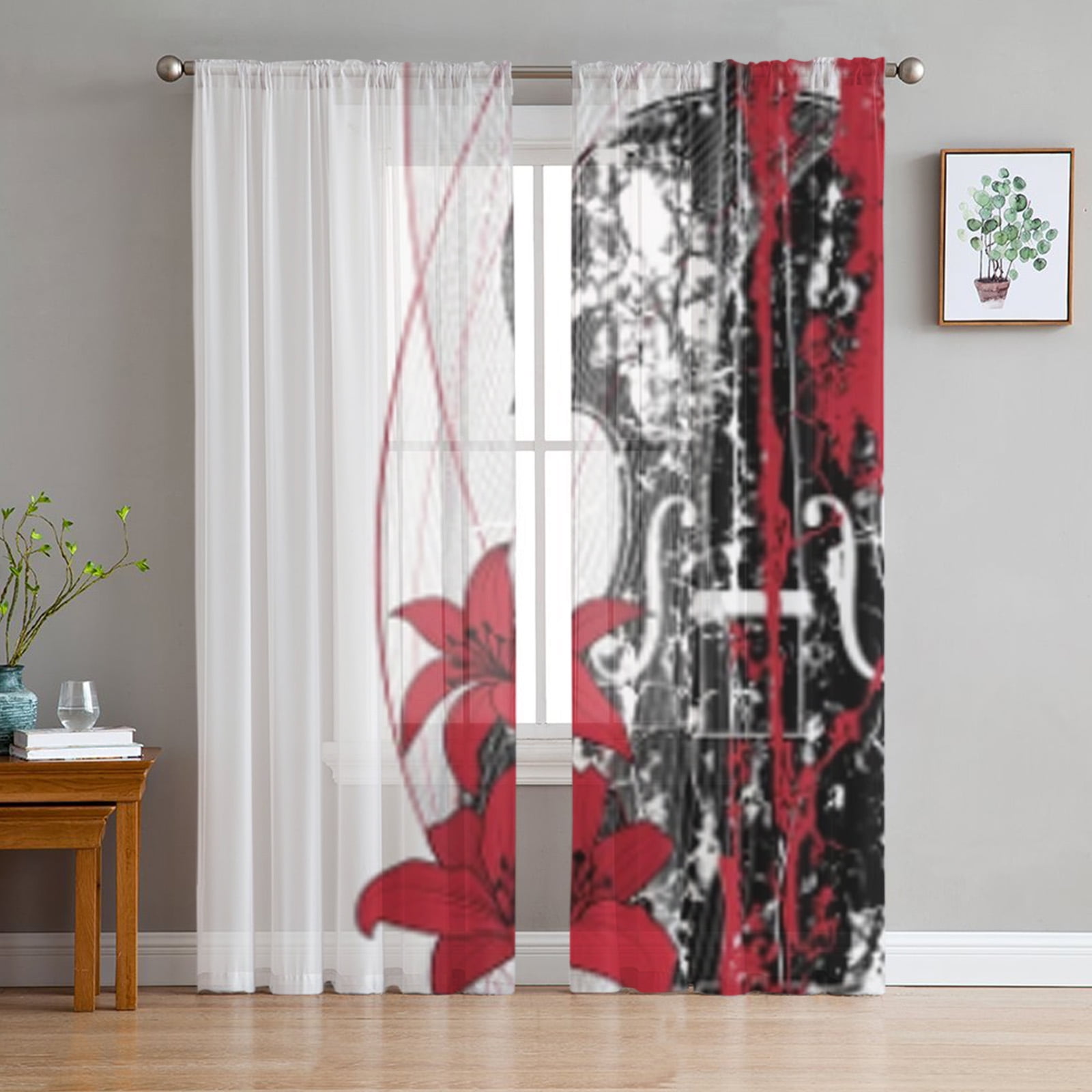 Acoustic Guitar Saxoph Wooden Music Tulle Sheer Window Curtain for ...