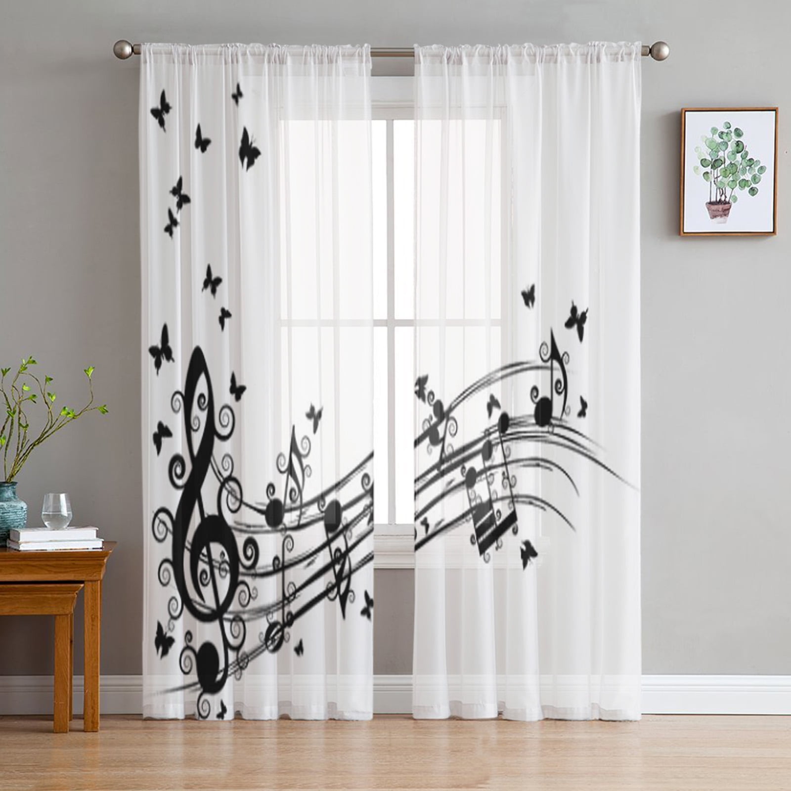 Acoustic Guitar Saxoph Wooden Music Tulle Sheer Window Curtain for ...