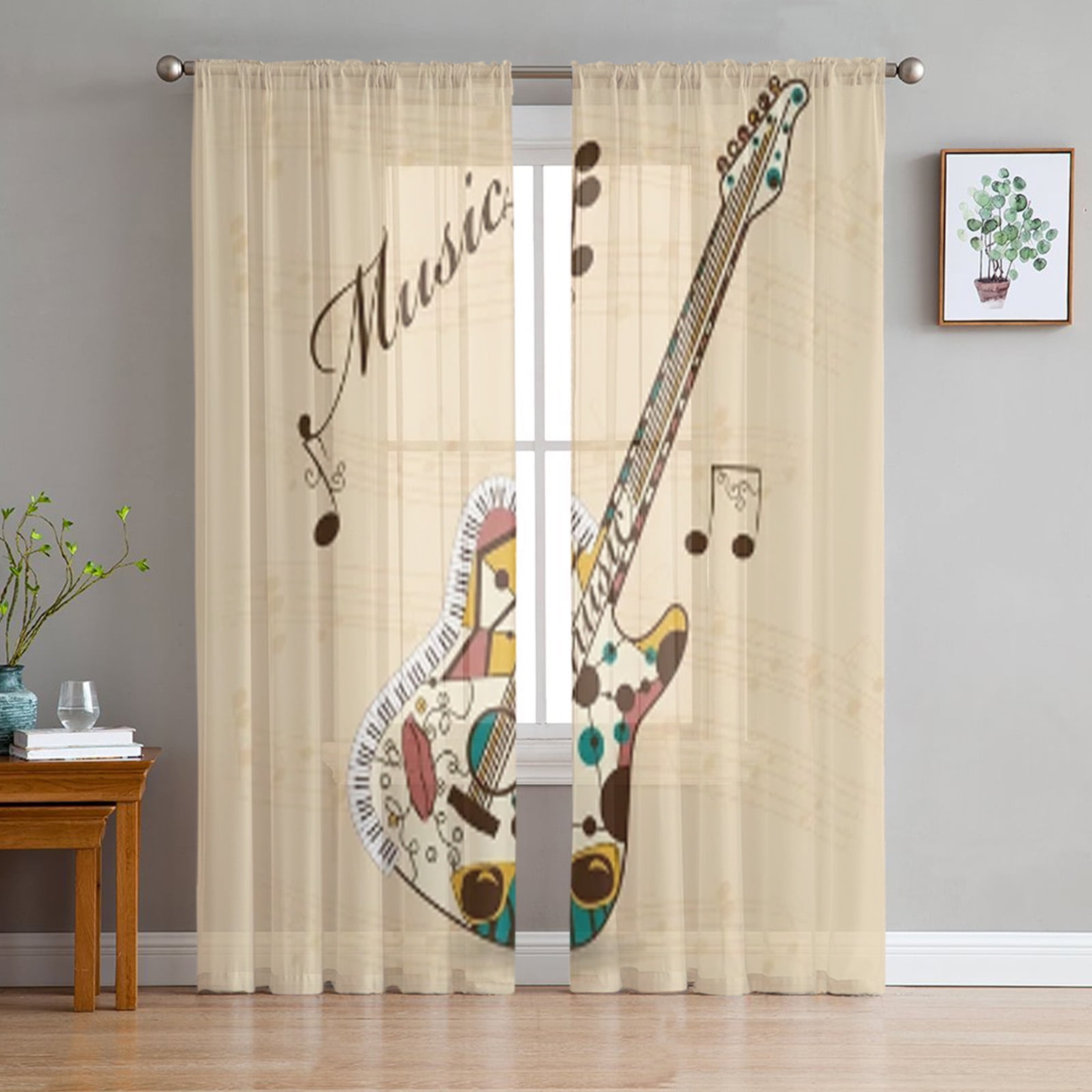 Acoustic Guitar Saxoph Wooden Music Tulle Sheer Window Curtain for ...