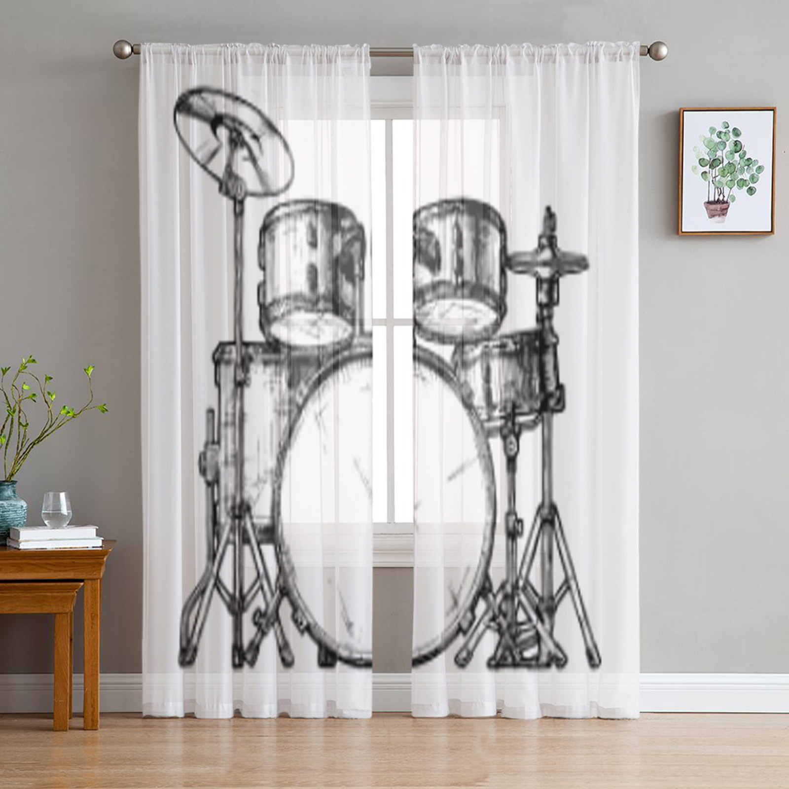 Acoustic Guitar Saxoph Wooden Music Tulle Sheer Window Curtain for ...