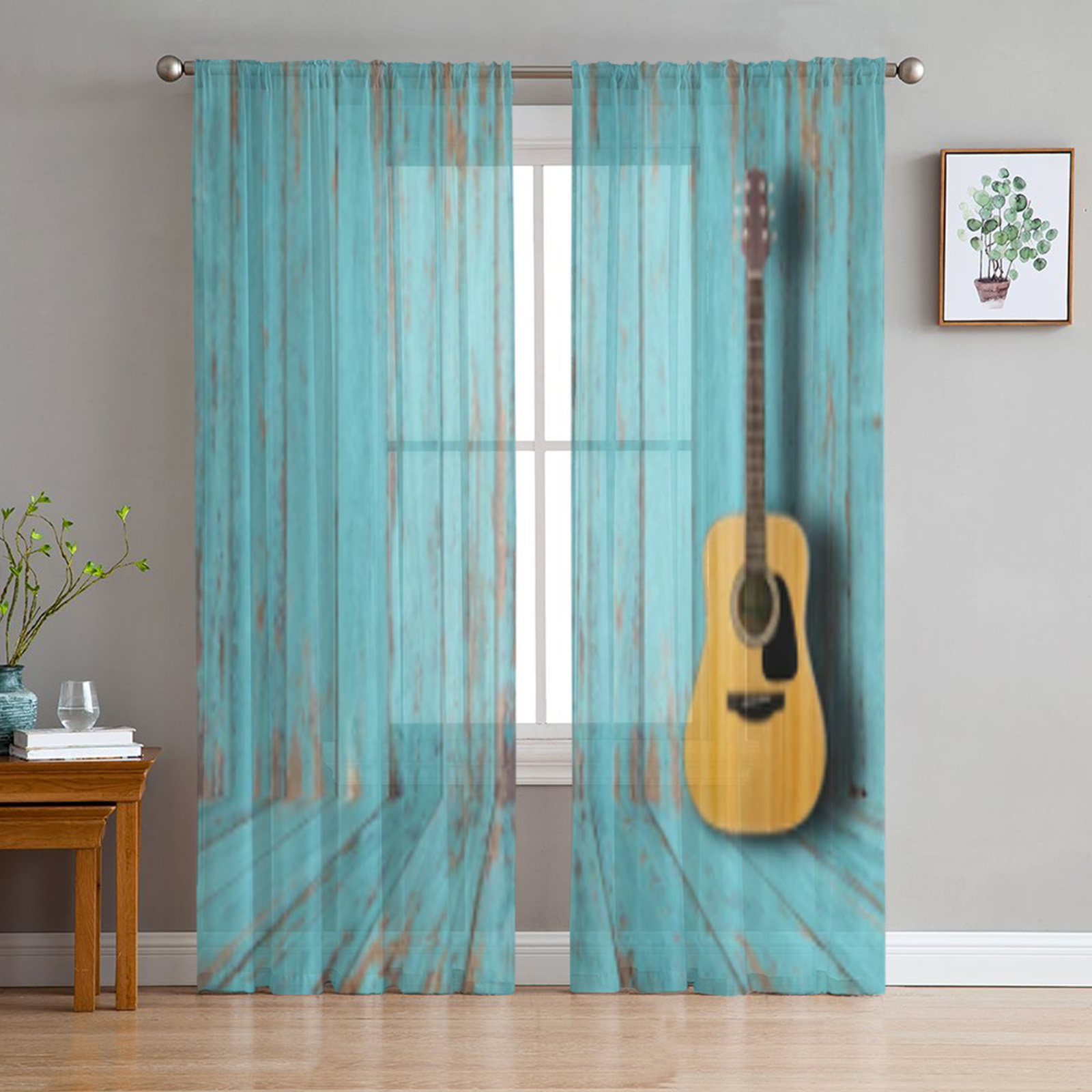 Acoustic Guitar Saxoph Wooden Music Tulle Sheer Window Curtain for ...
