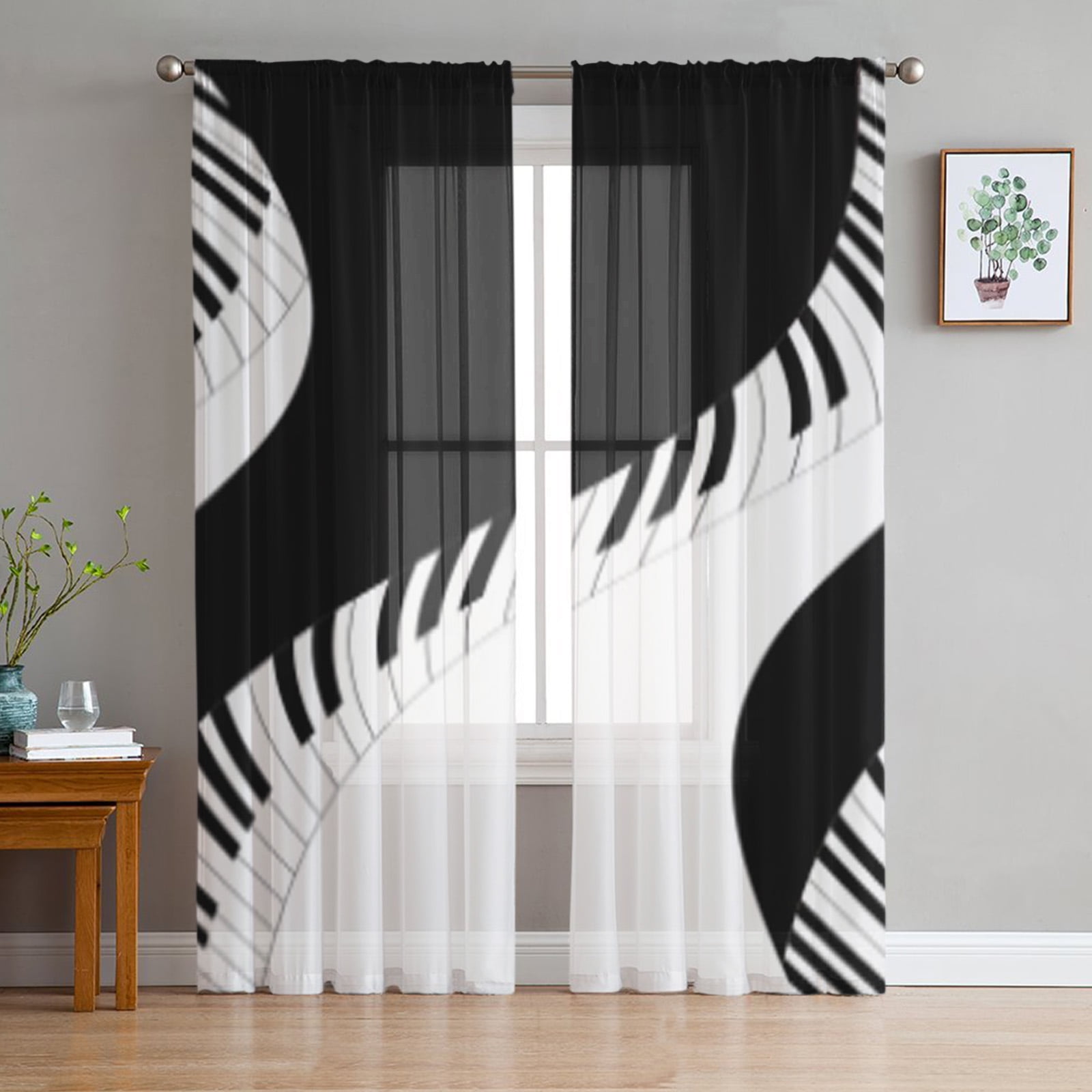 Acoustic Guitar Saxoph Wooden Music Tulle Sheer Window Curtain for ...