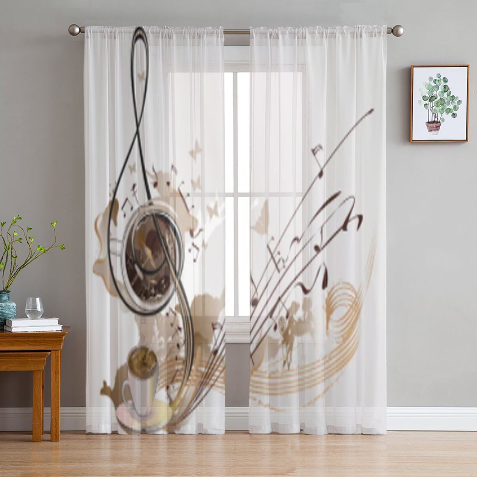 Acoustic Guitar Saxoph Wooden Music Tulle Sheer Window Curtain for ...