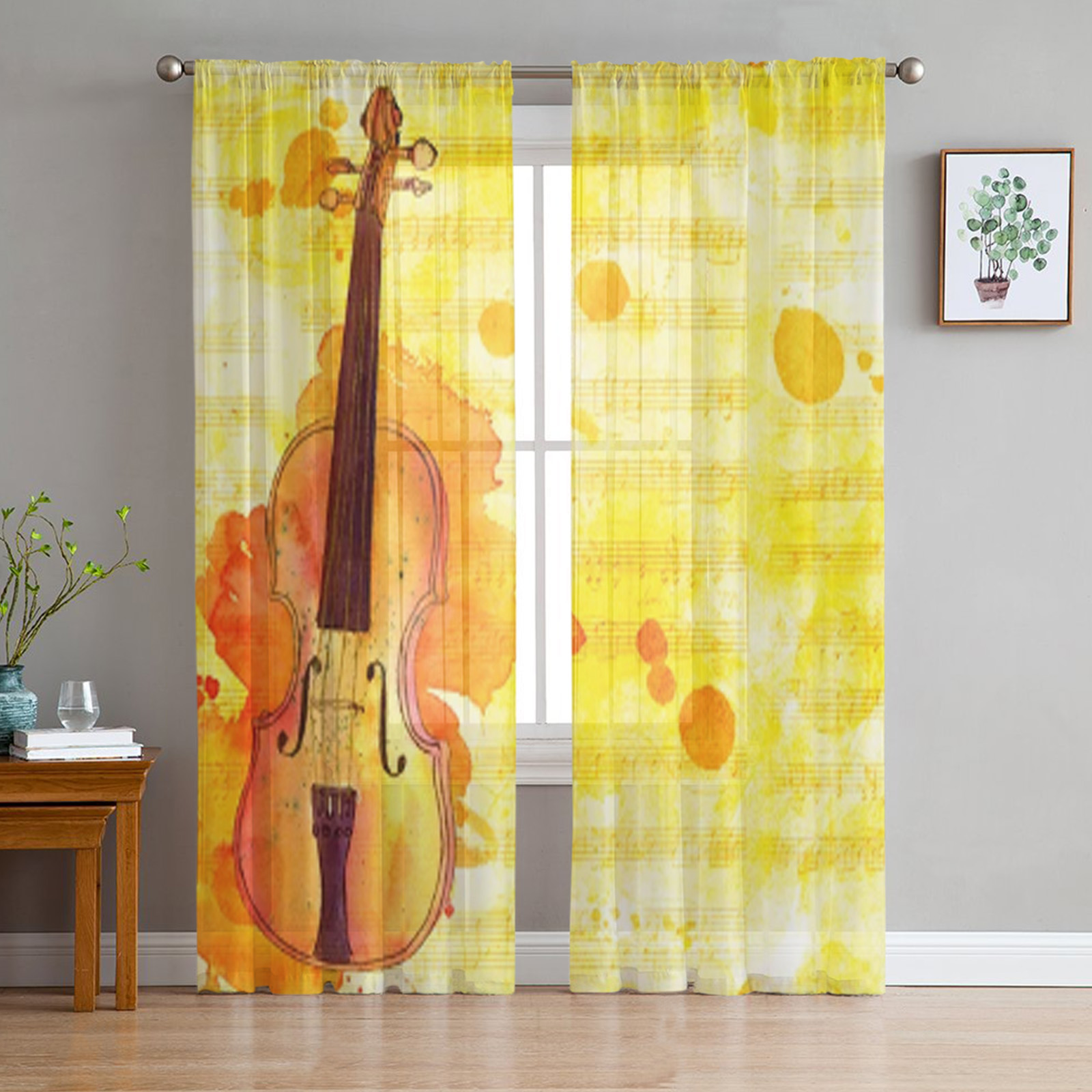 Acoustic Guitar Saxoph Wooden Music Tulle Sheer Window Curtain for ...