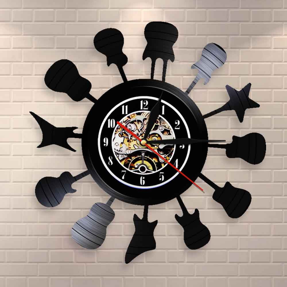 Acoustic Guitar Silhouette in a Circle Music Room Wall Art Wall Clock ...