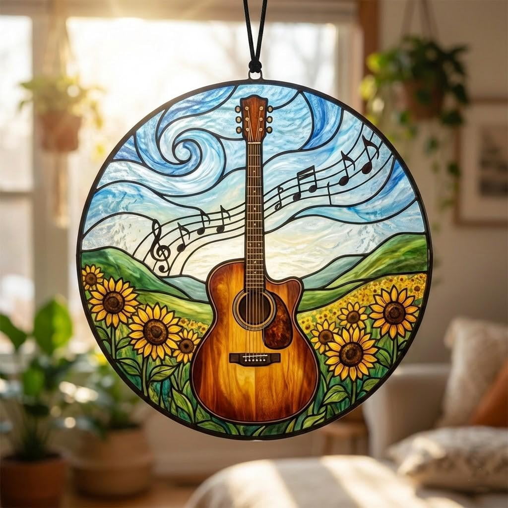 Acoustic Guitar Sunflower Acrylic Suncatcher Musical Instrument Home ...
