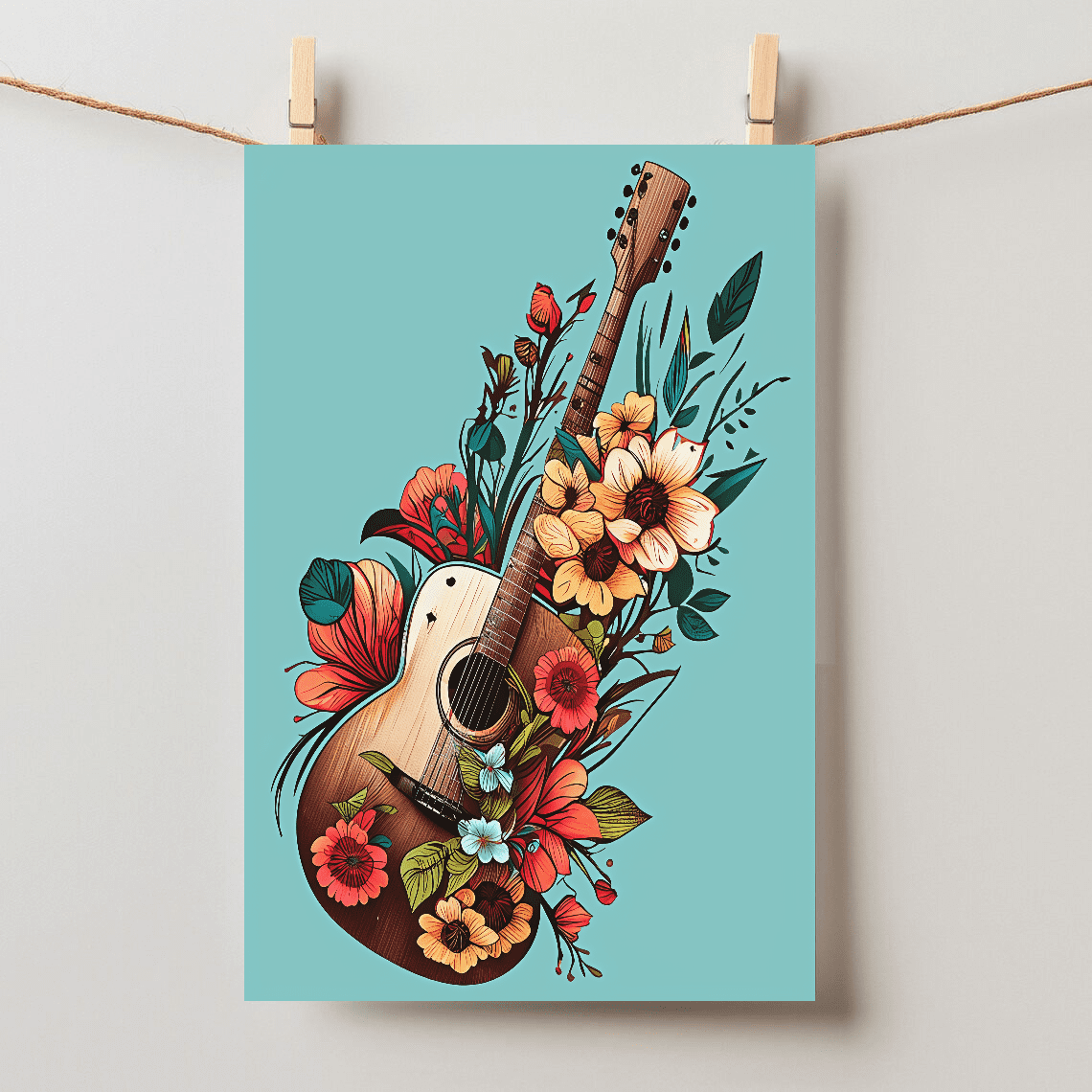 Acoustic Guitar With Vintage Flowers Retro Hippie Boho Music Unframed ...