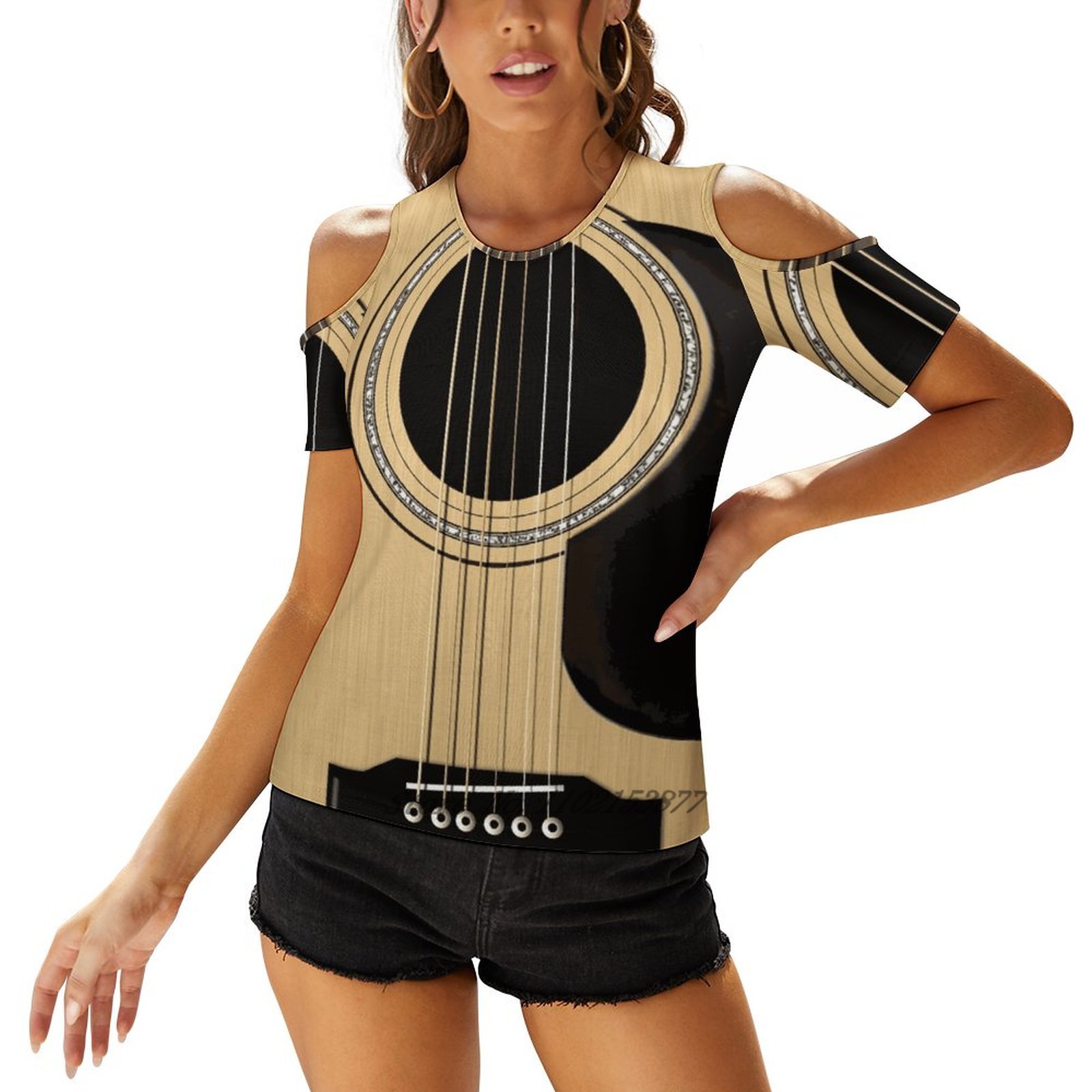 Acoustic Guitar Women V Neck T-Shirt Casual Sexy T Shirts Hollow Out ...