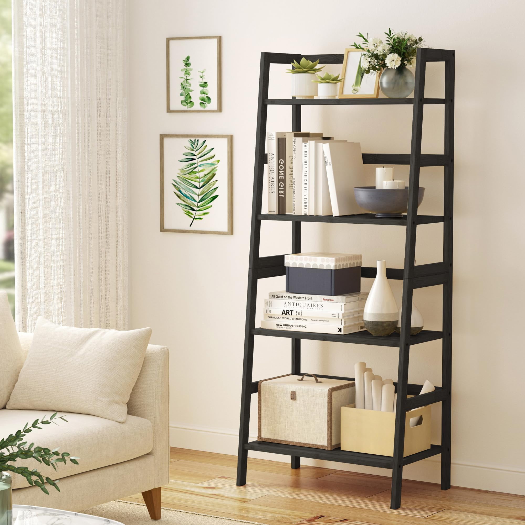 Acovy 4-Tier Bamboo Ladder Shelf, Freestanding Storage Rack Plant Stand ...