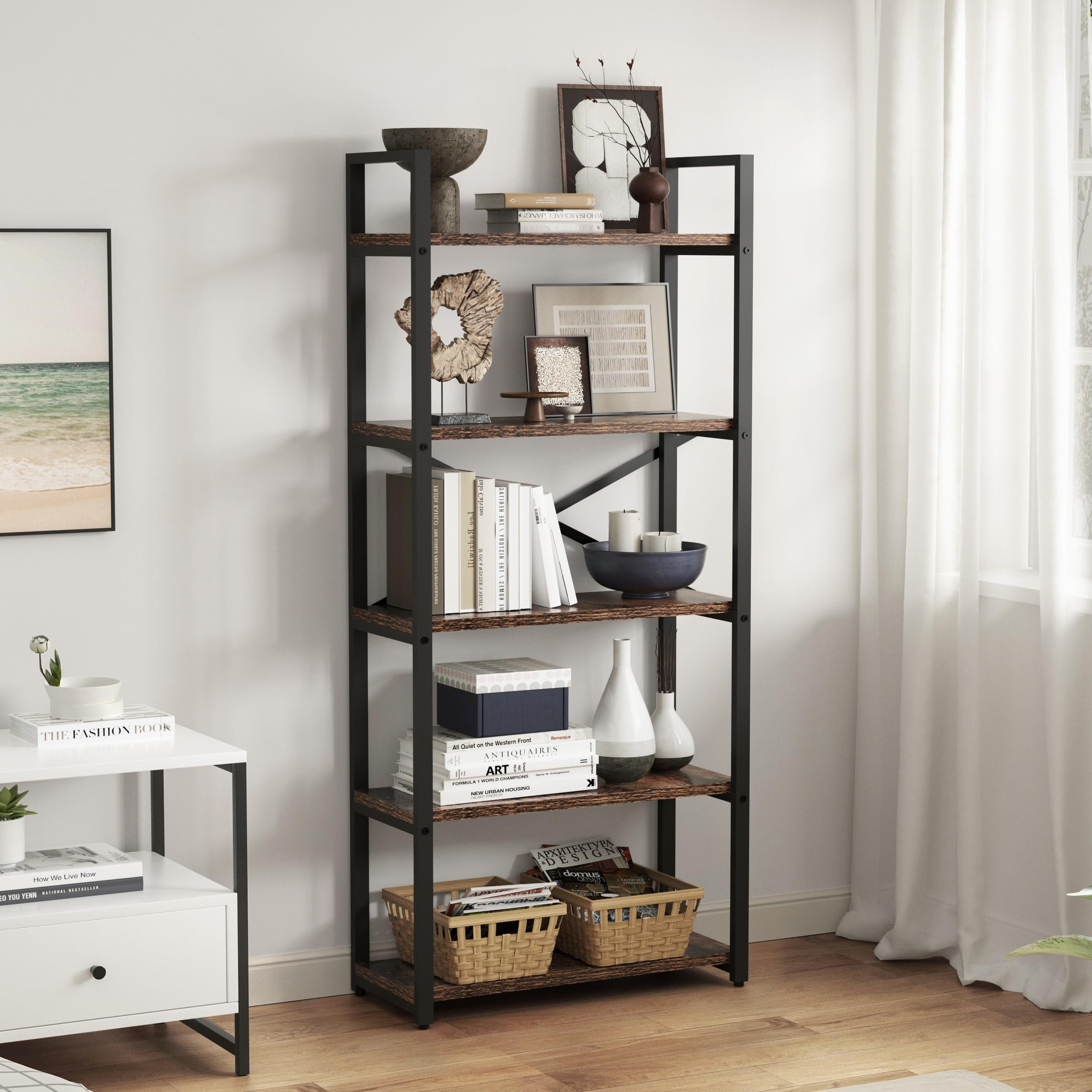 Acovy 5 Tier Bookshelf Rustic Industrial Style, 23.6" W Storage Shelves ...
