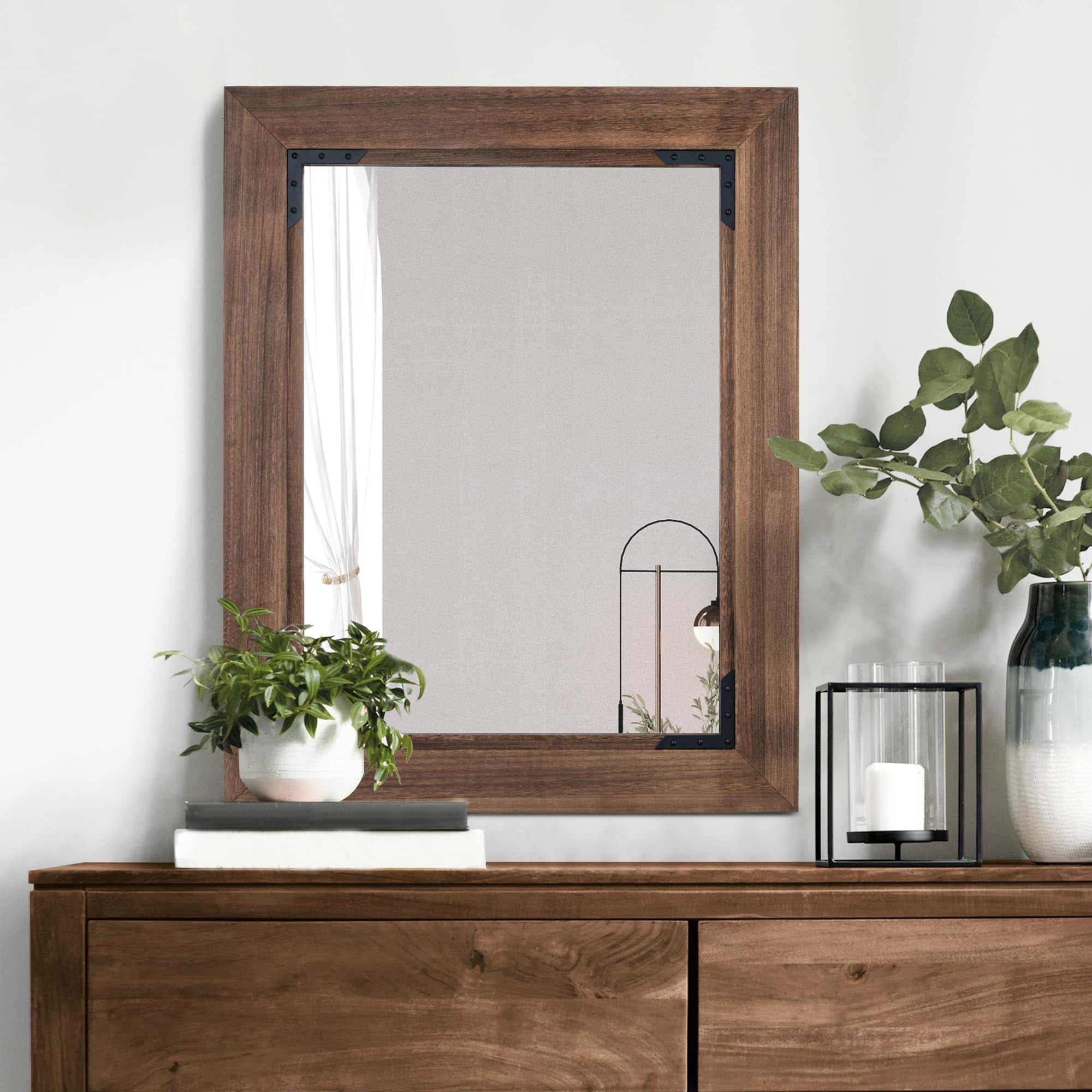 Acovy Solid Wood Rectangle Bathroom Mirror Tempered Glass, Rustic Wood ...