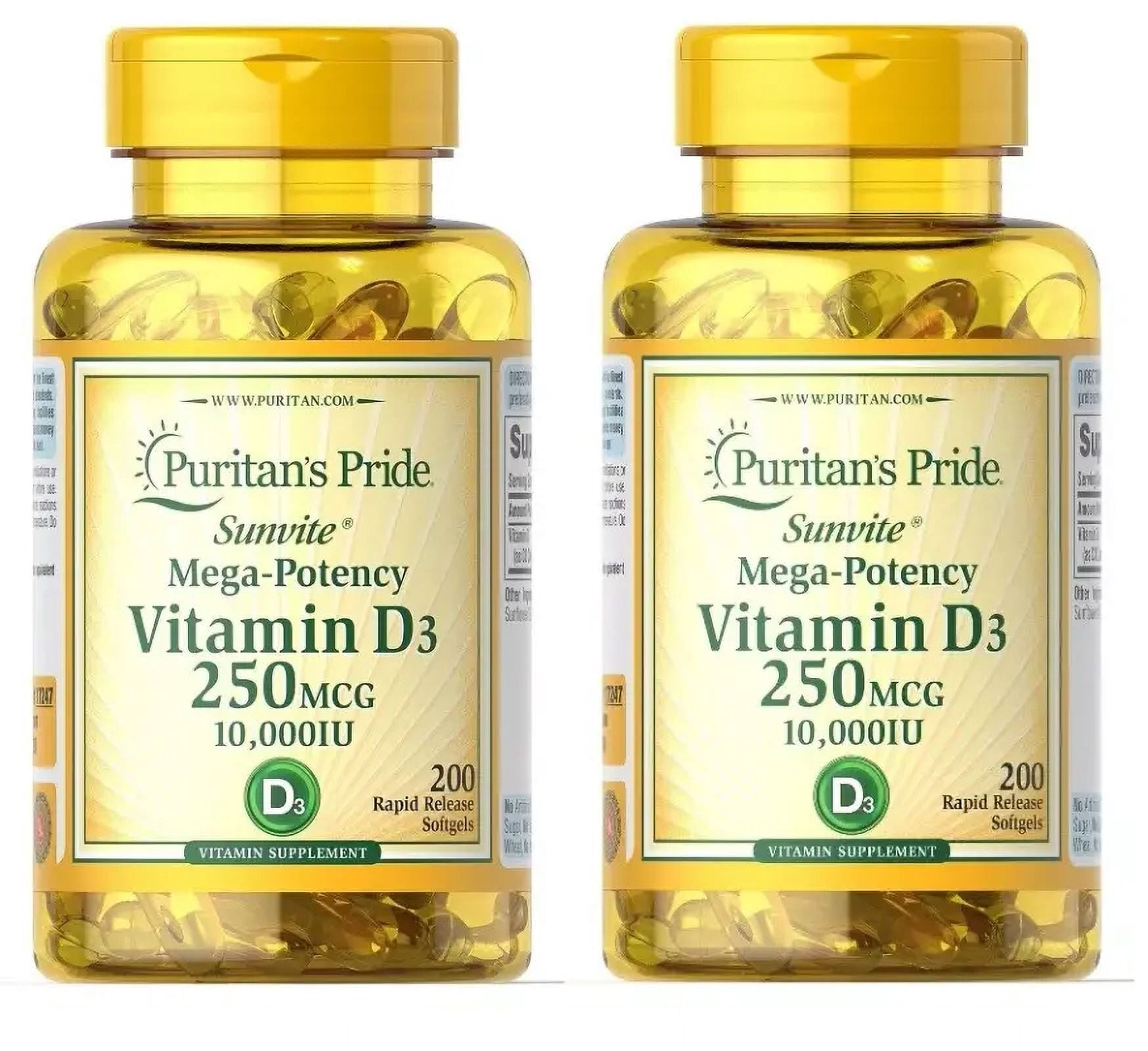 Acrolt 2 x 200 Puritan's Pride Vitamin D3 10000 IU Mega-Potency 400 ...