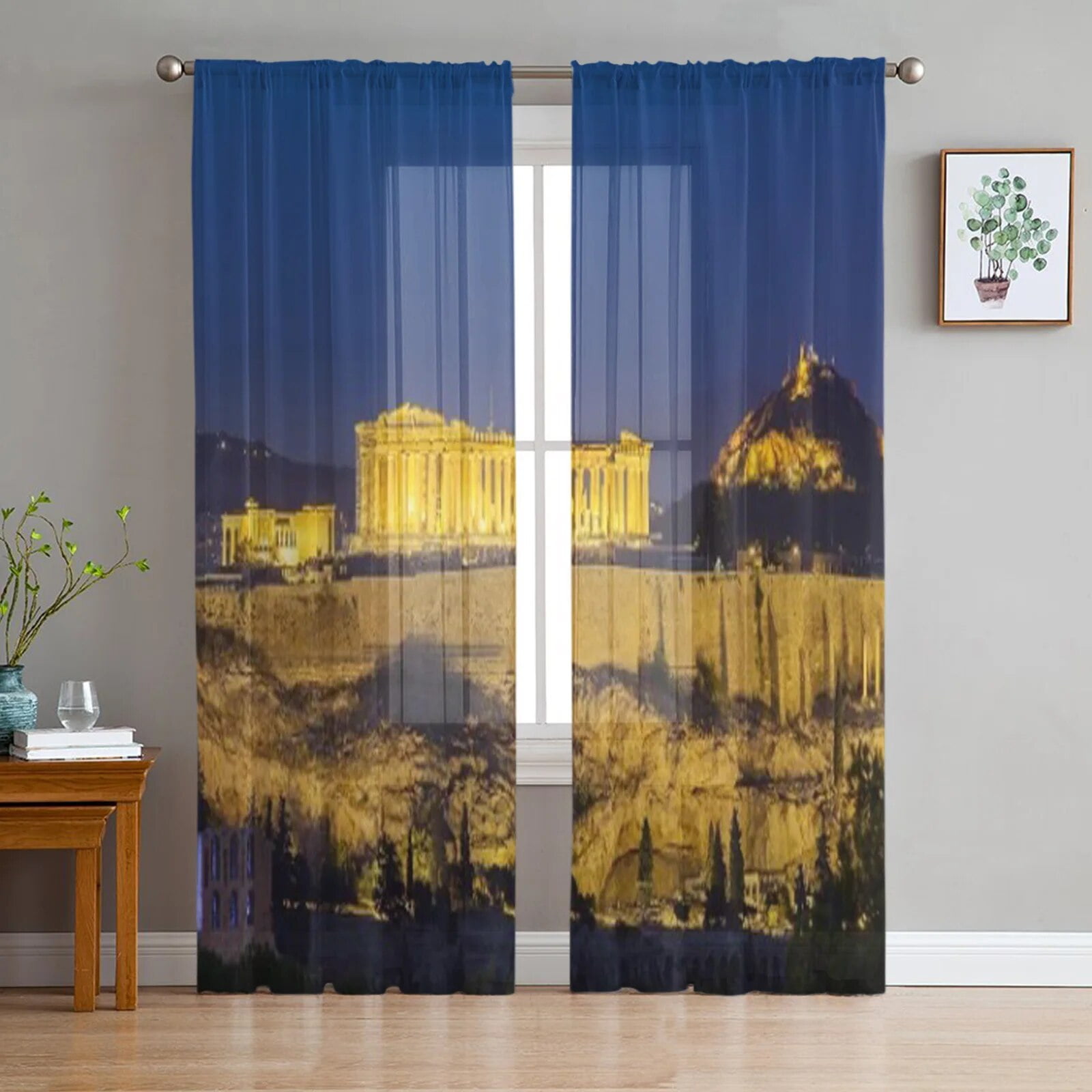 Acropolis At Night Athens Greece Tulle Sheer Curtains for Living Room ...