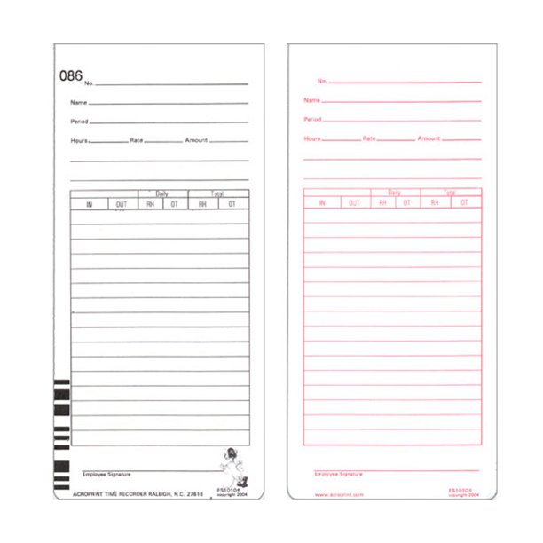 Acroprint Time Card for Es1000 Electronic Totalizing Payroll Recorder ...