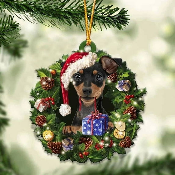 Acrylic 2D FLAT - Miniature Pinscher and Christmas Wreath Ornament gift ...