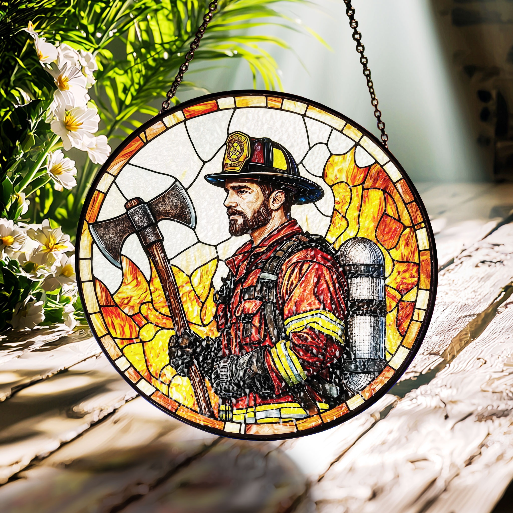 Acrylic 2D Firefighter Window Hanging, Stained Glass Style Decor ...