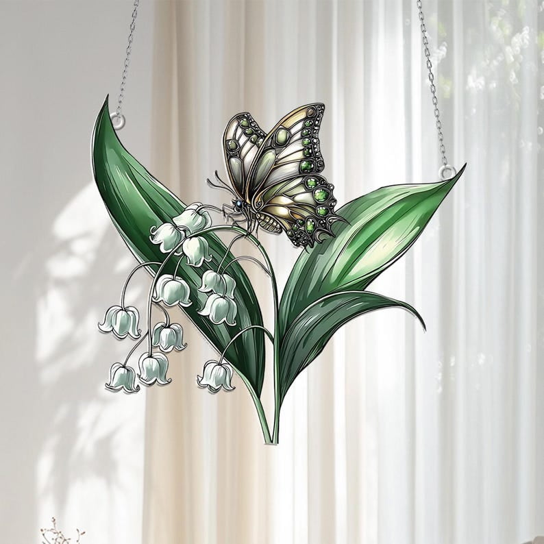 Acrylic 2D Flat Butterfly and Lily of the Valley Window Hanging ...