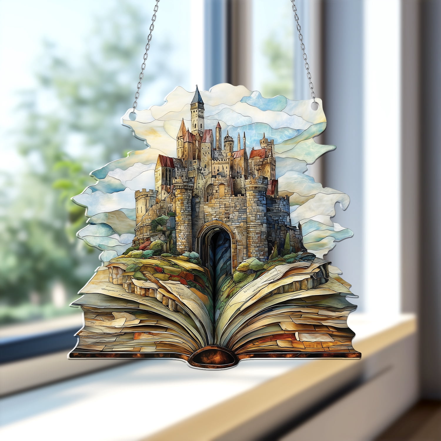 Acrylic 2D Flat Castle in Book Suncatcher, Fantasy-Inspired Car Hanging ...