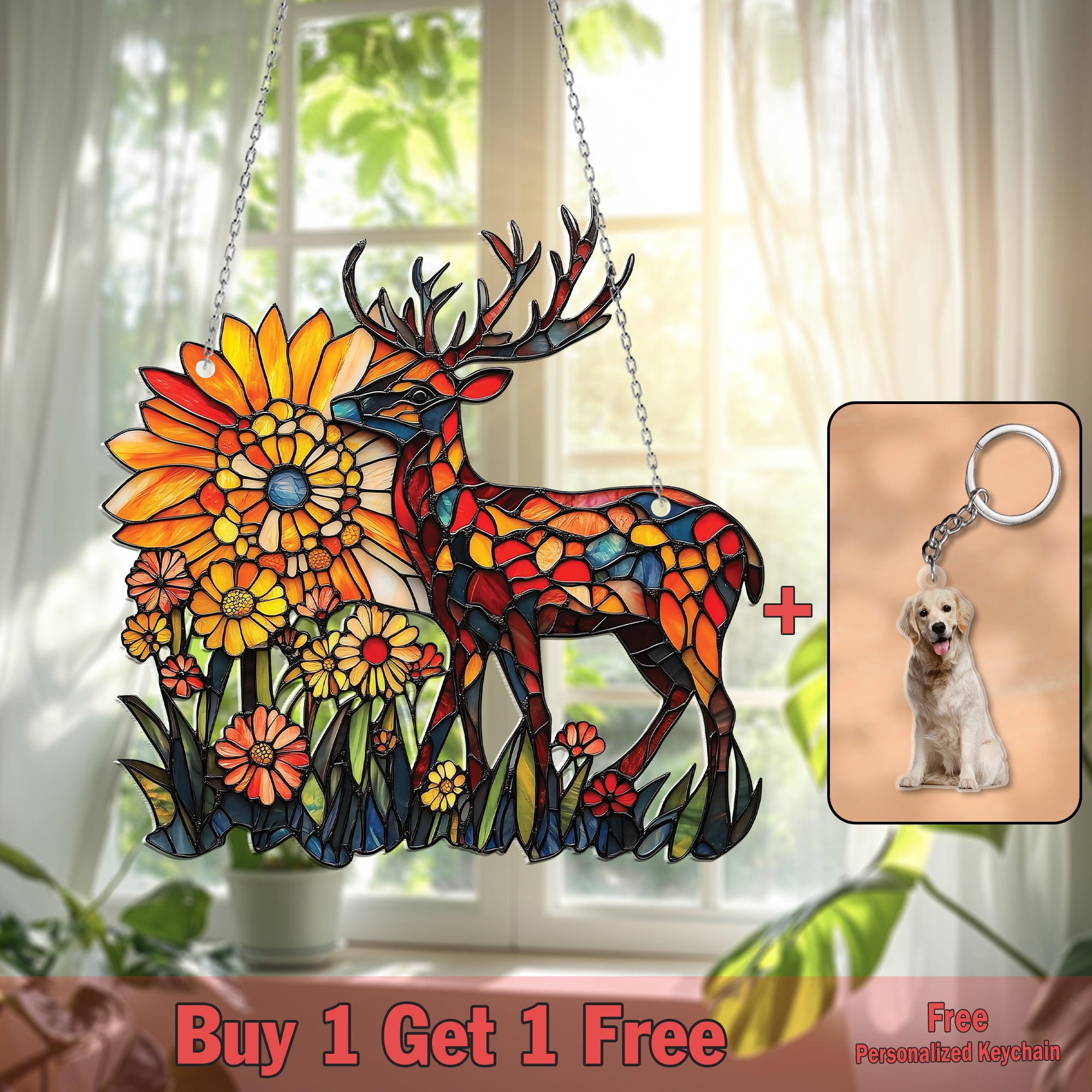 Acrylic 2D Flat Deer Suncatcher, Colorful Sunflower Window Hanging ...