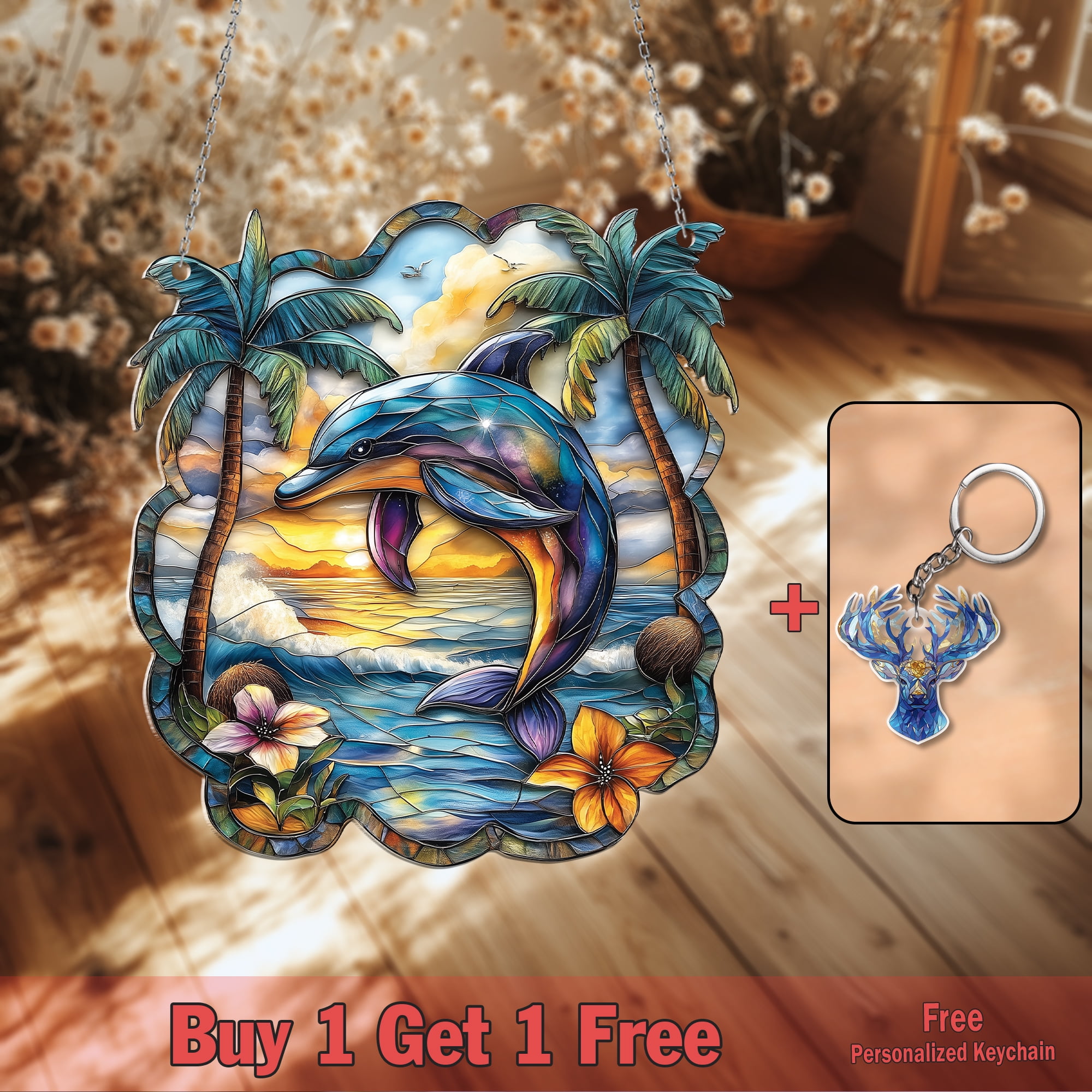 Acrylic 2D Flat Dolphin Suncatcher, Tropical Sunset Window Hanging ...