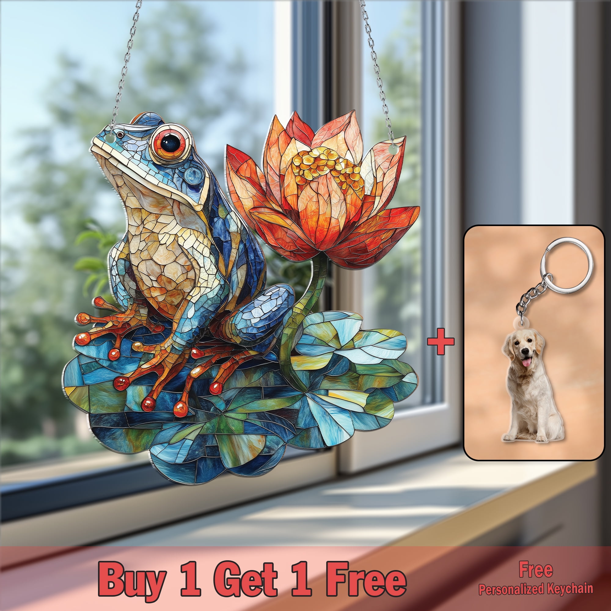 Acrylic 2D Flat Frog Suncatcher, Lotus Flower Window Hanging, Nature ...