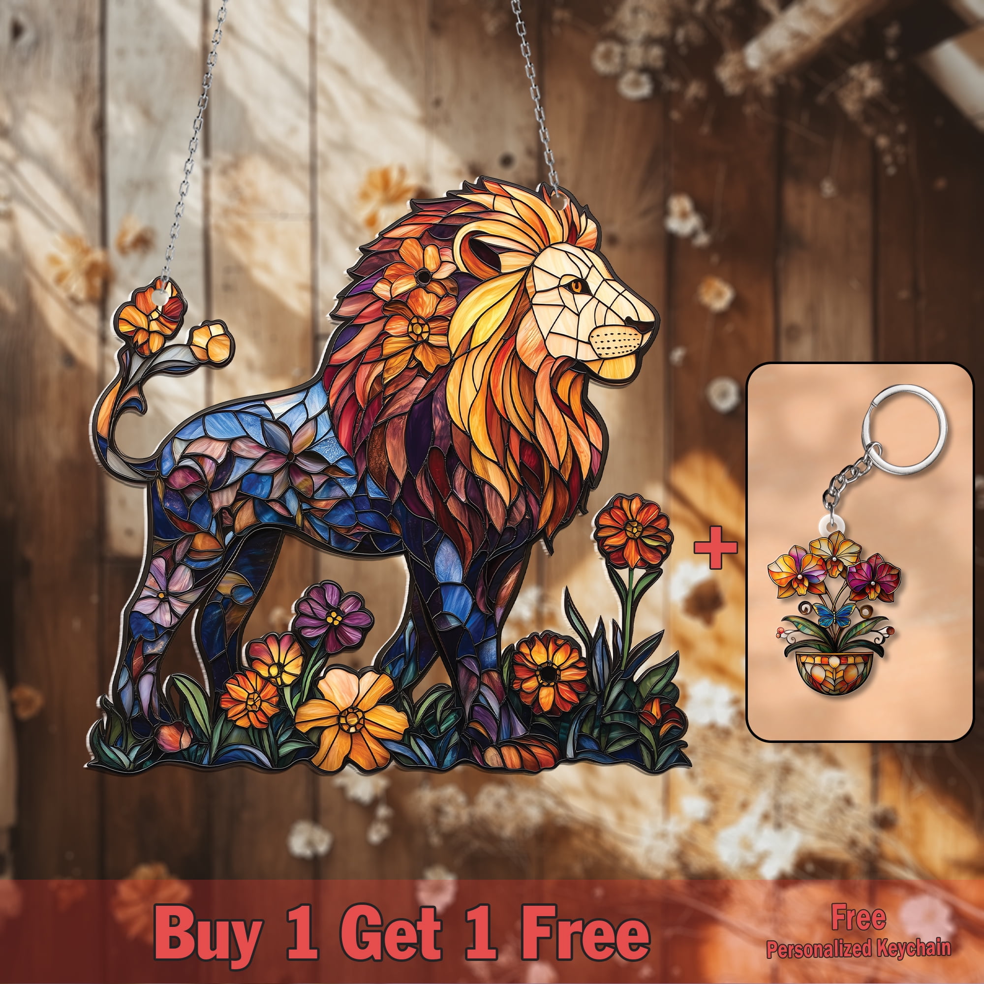 Acrylic 2D Flat Lion Suncatcher, Majestic Floral Window Hanging, Nature ...