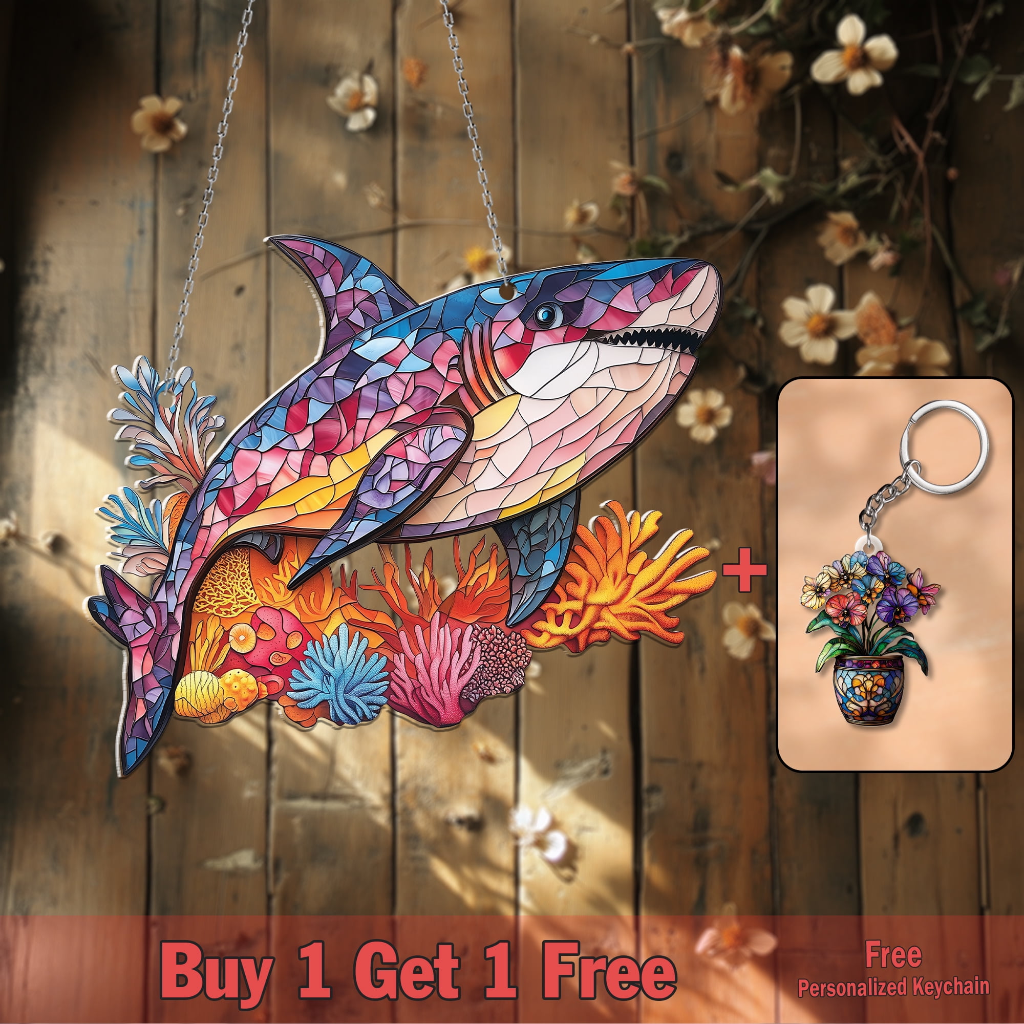 Acrylic 2D Flat Shark Suncatcher, Vibrant Coral Reef Window Hanging ...