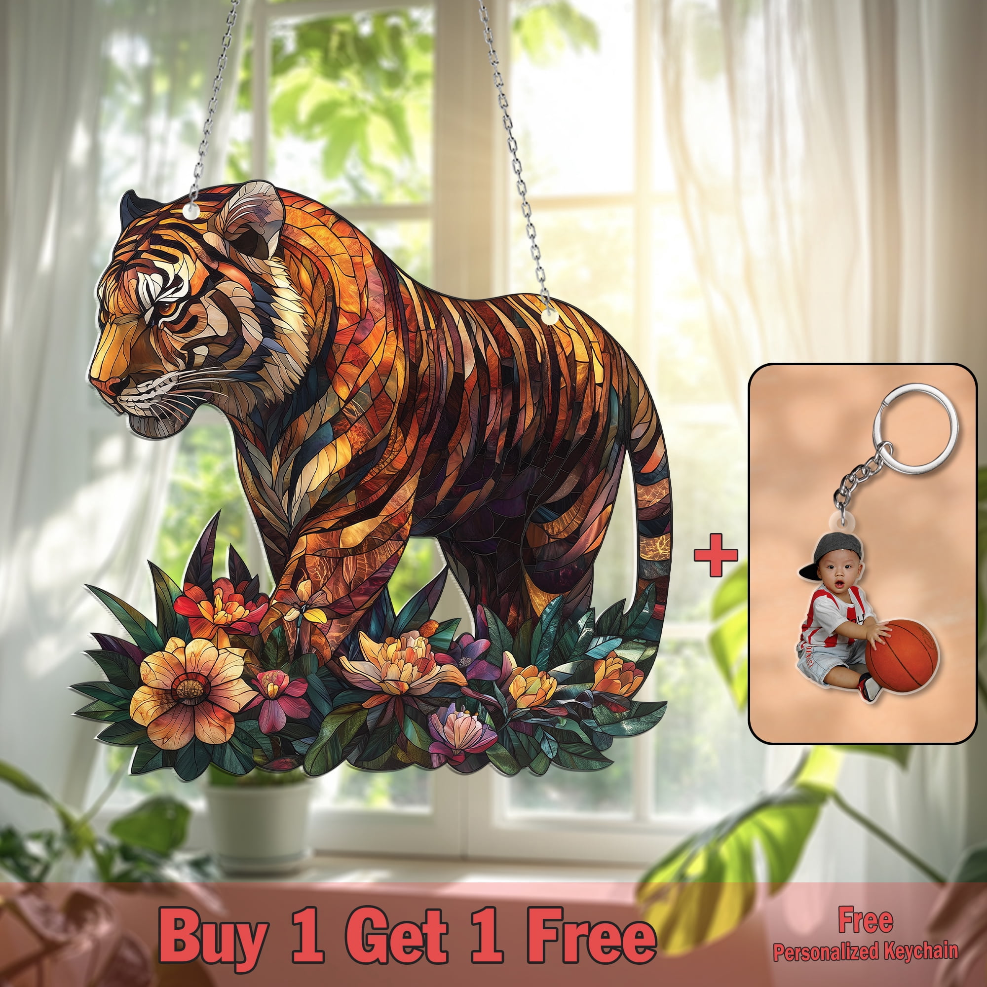 Acrylic 2D Flat Tiger Suncatcher, Majestic Floral Window Hanging ...