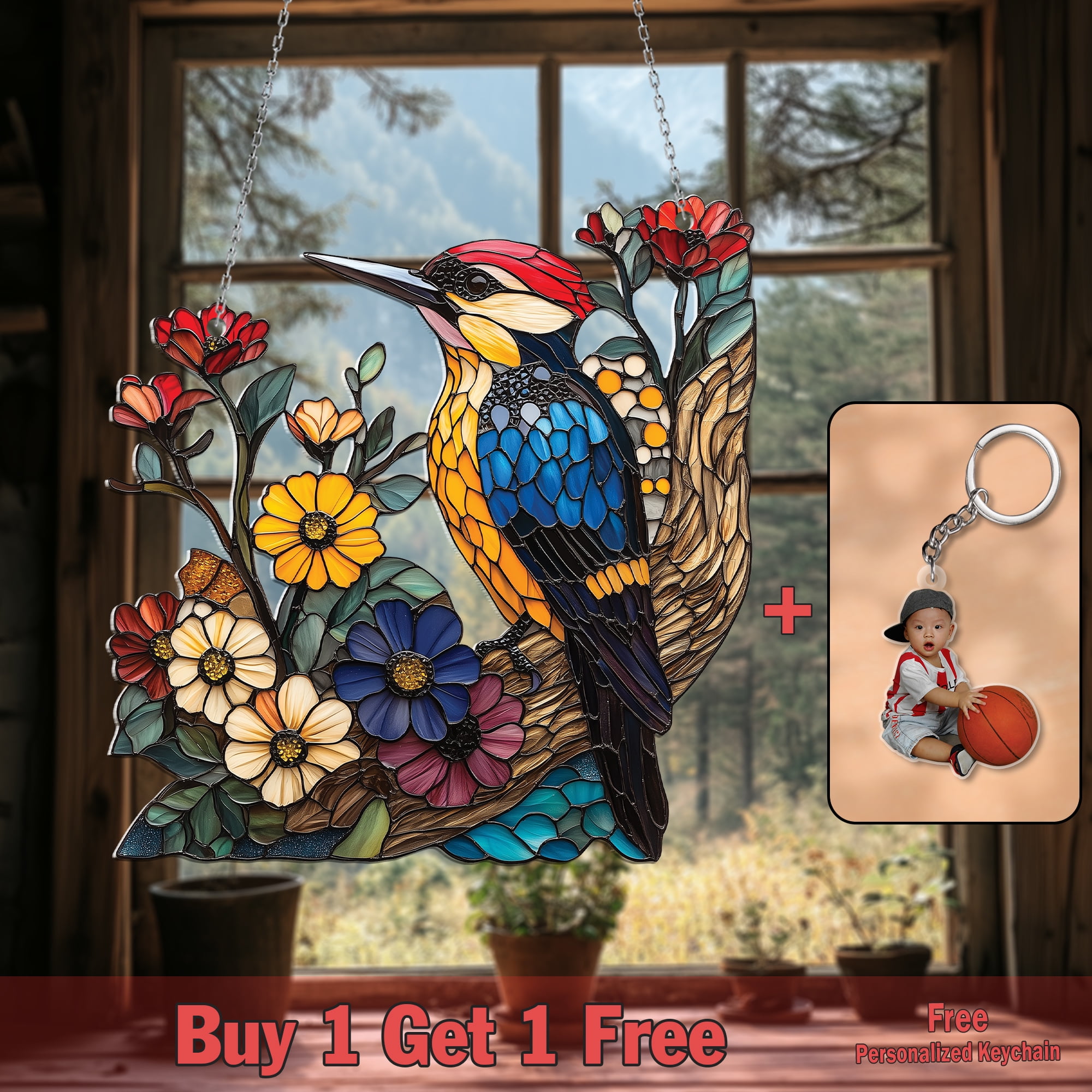 Acrylic 2D Flat Woodpecker Suncatcher, Colorful Floral Window Hanging ...