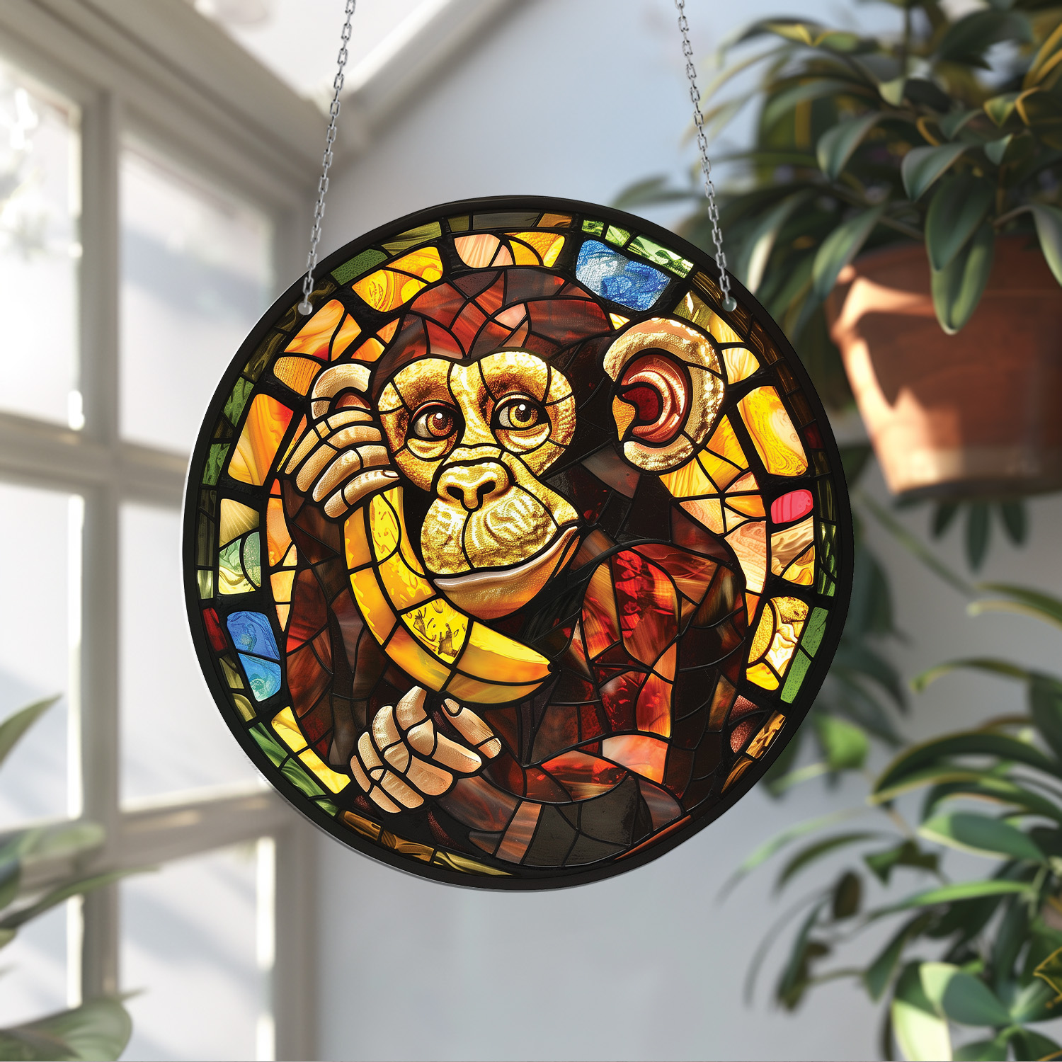 Acrylic 2D Monkey Window Hanging, Stained Glass Style Ornament with ...