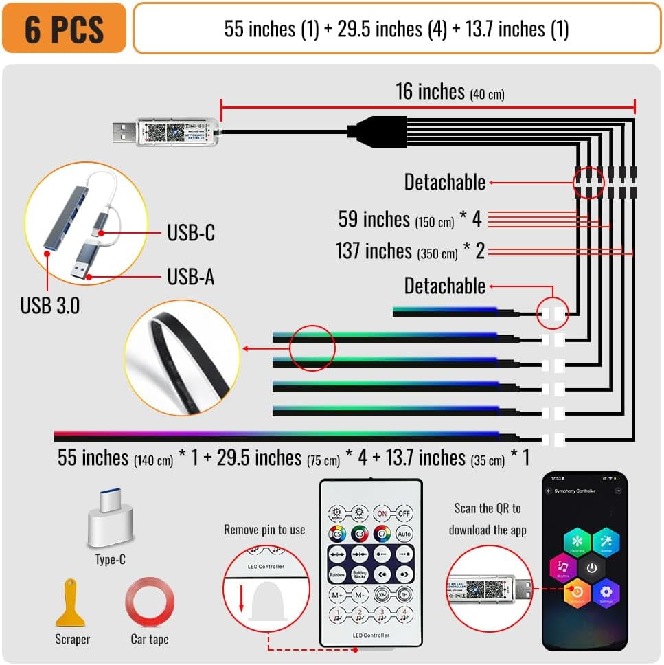 Acrylic Ambient Lighting Car Interior, 6 in 1 Color Acrylic Led Strips ...