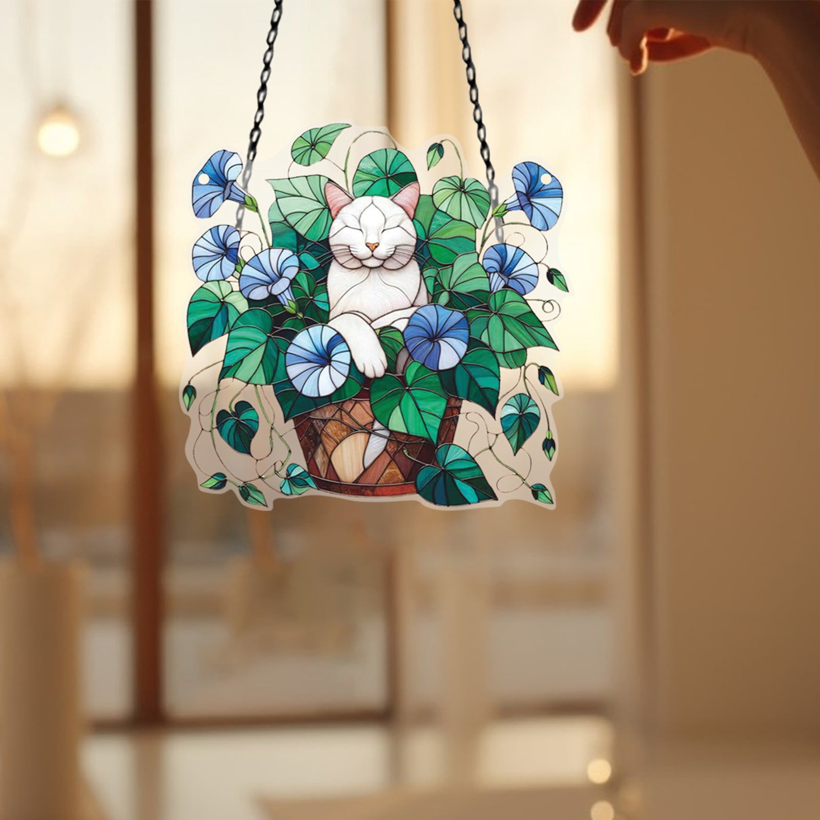 Acrylic Art Flower Basket Pendant Stained Glass Cat and Morning Glory ...