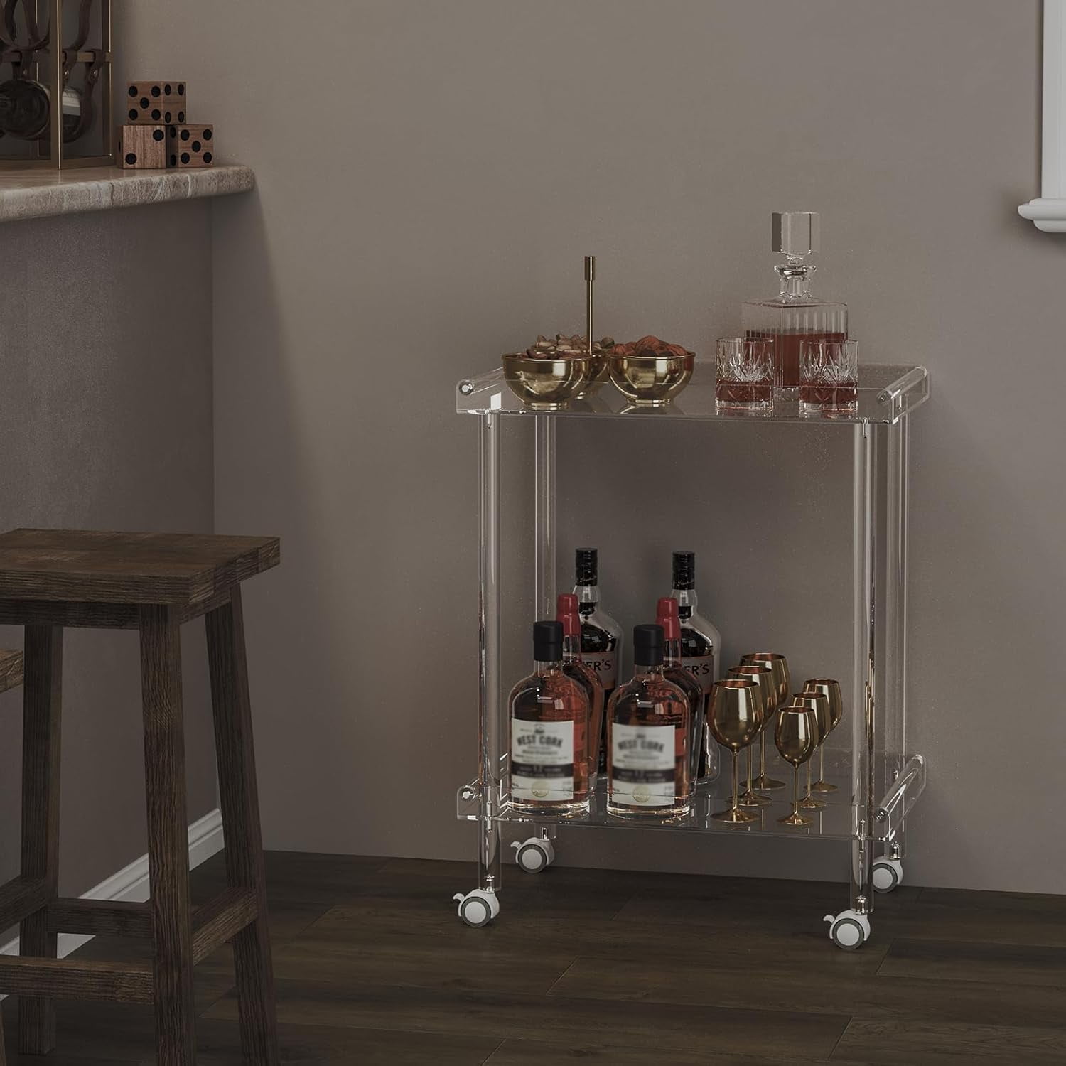 Acrylic Bar Cart, Rolling Serving Cart with 4 Lockable Wheels for The ...