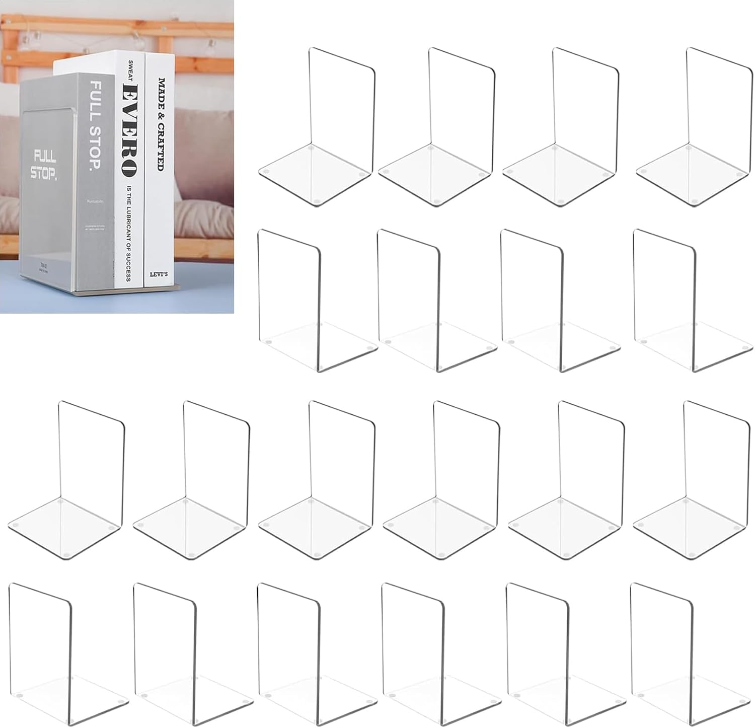 Acrylic Book Ends 20pcs for Shelves, Clear Bookends for Shelves, Book ...