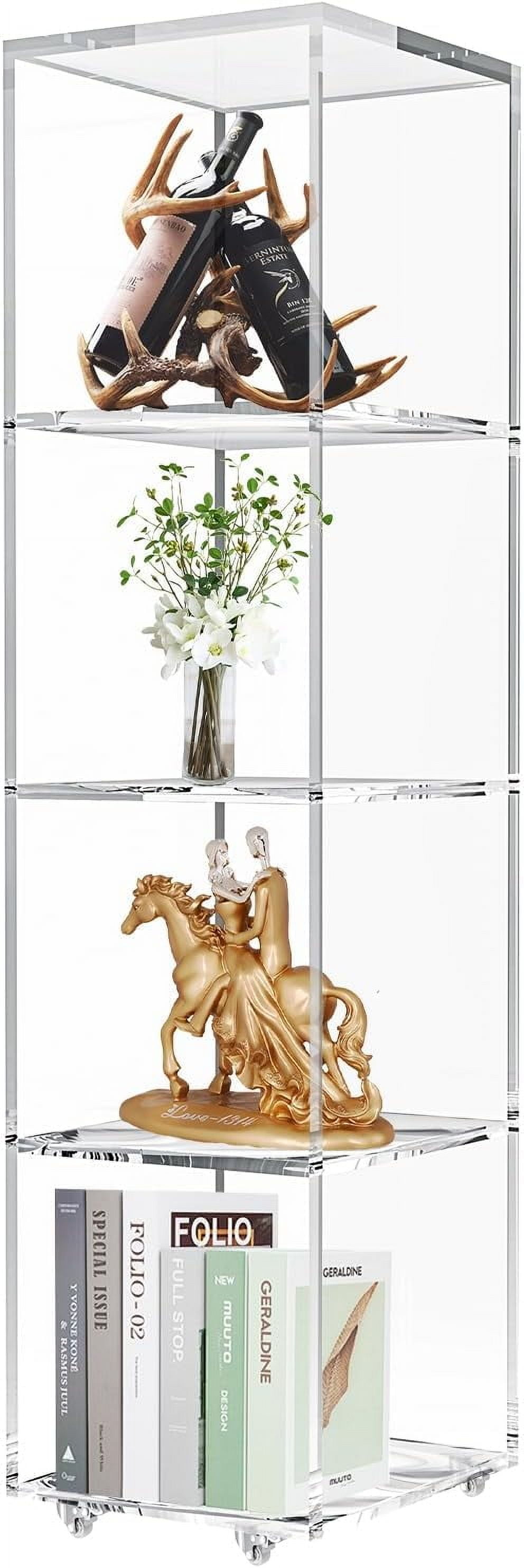 Acrylic Bookcase with Wheels, 4-Tier Clear Floor Standing Acrylic ...