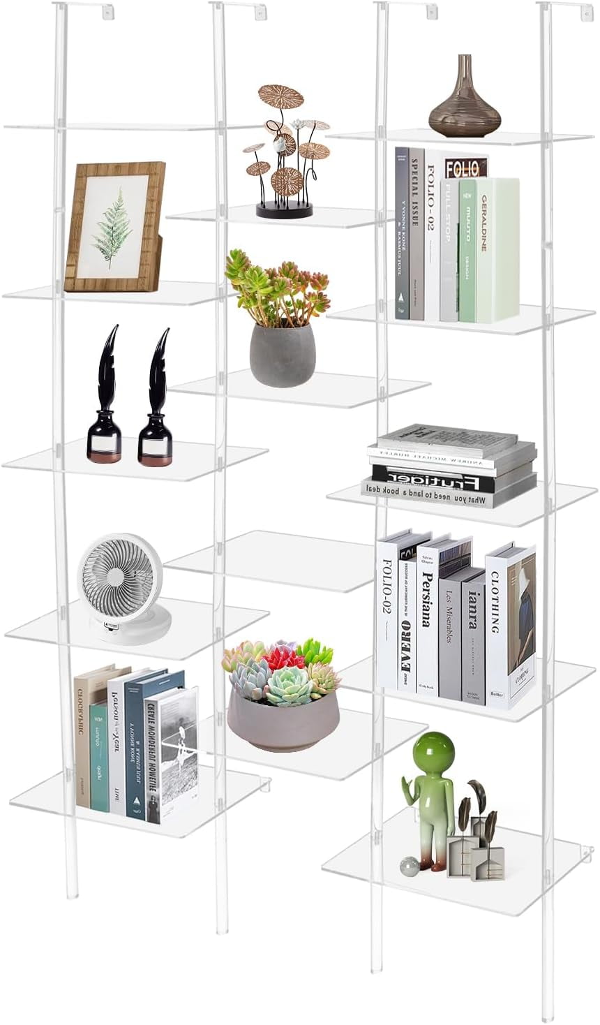 Acrylic Bookshelf, 5-Tier Clear Ladder Bookshelf with 14 Open Shelves ...